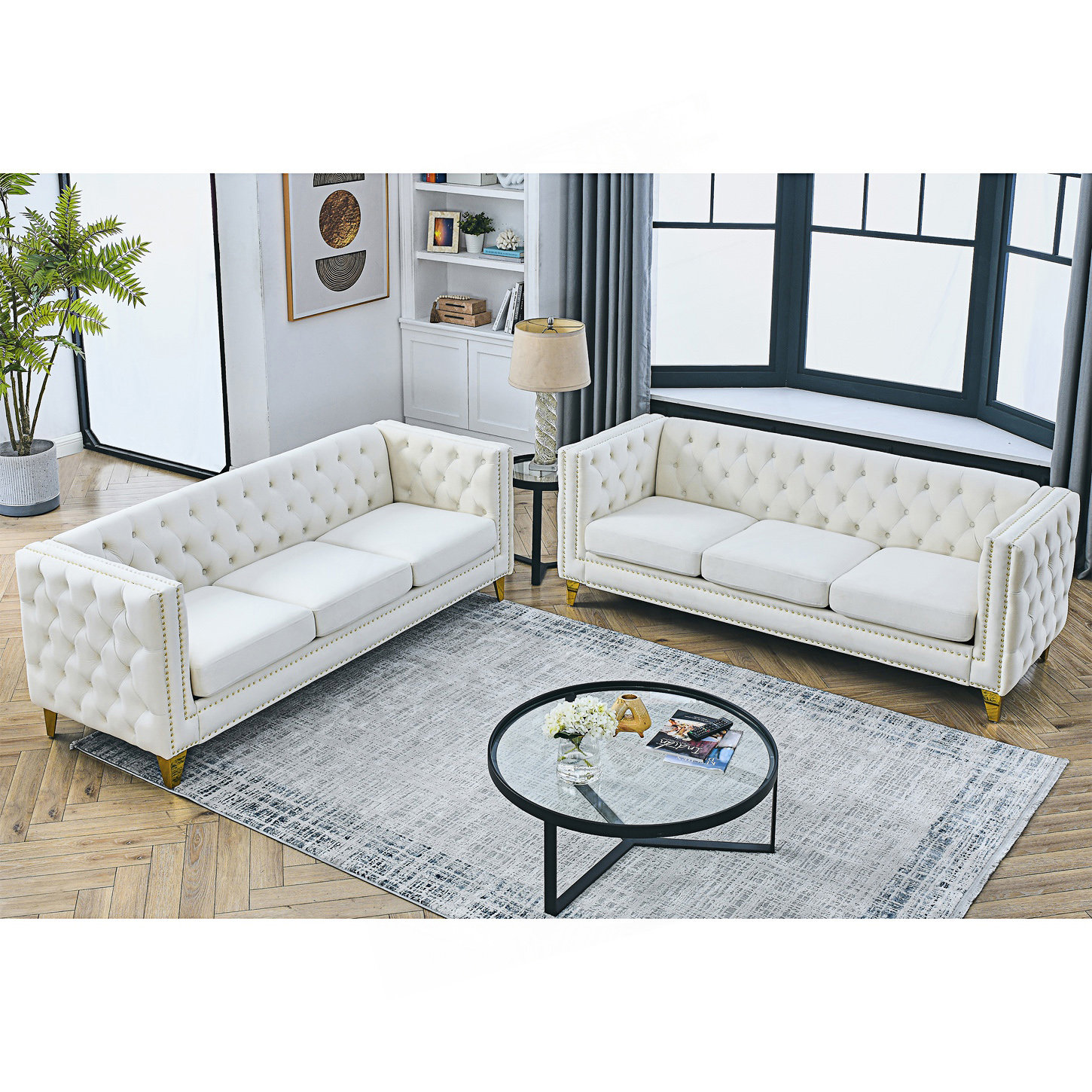 Mercer41 Contemporary Button Tufted Sofa With Square Arm, 2Pcs Couch ...