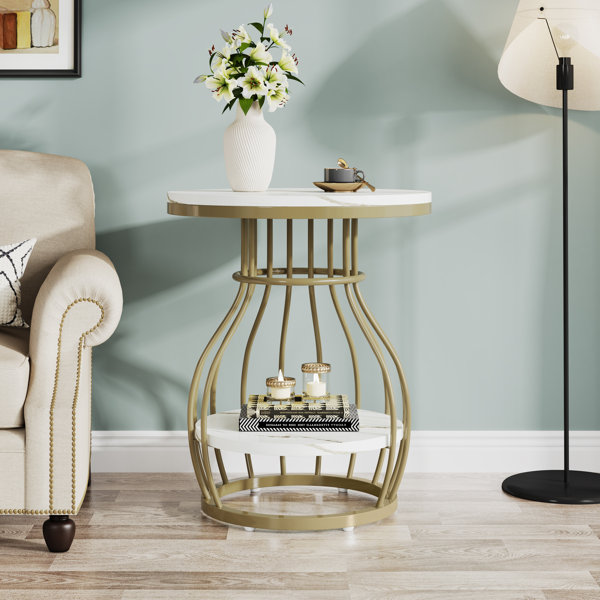Mercer41 2-Tier Round End Table, Modern Side Table, White Gold Accent ...