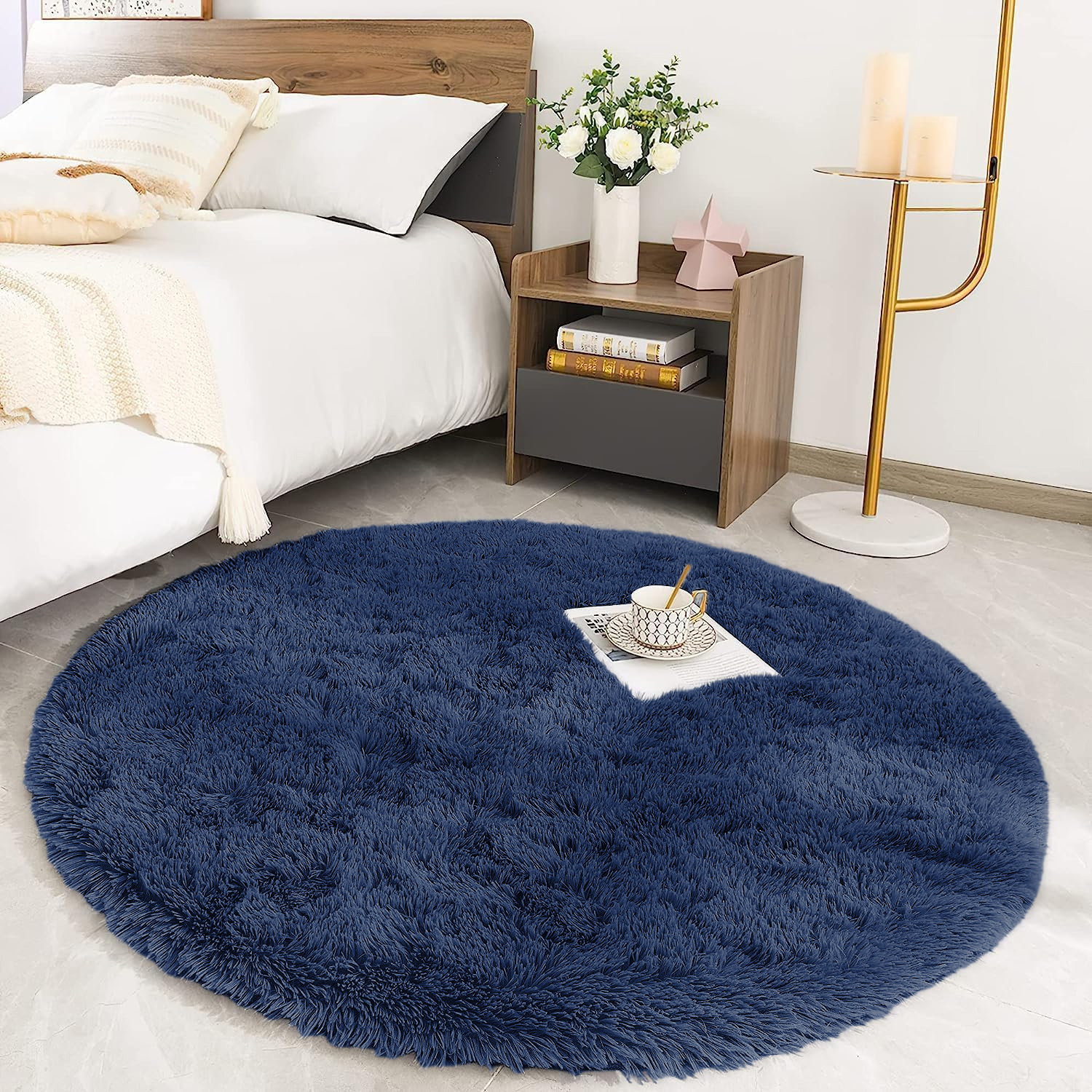 Ebern Designs Solid Colored Shaggy 4X4ft Round Rug For Living Room ...