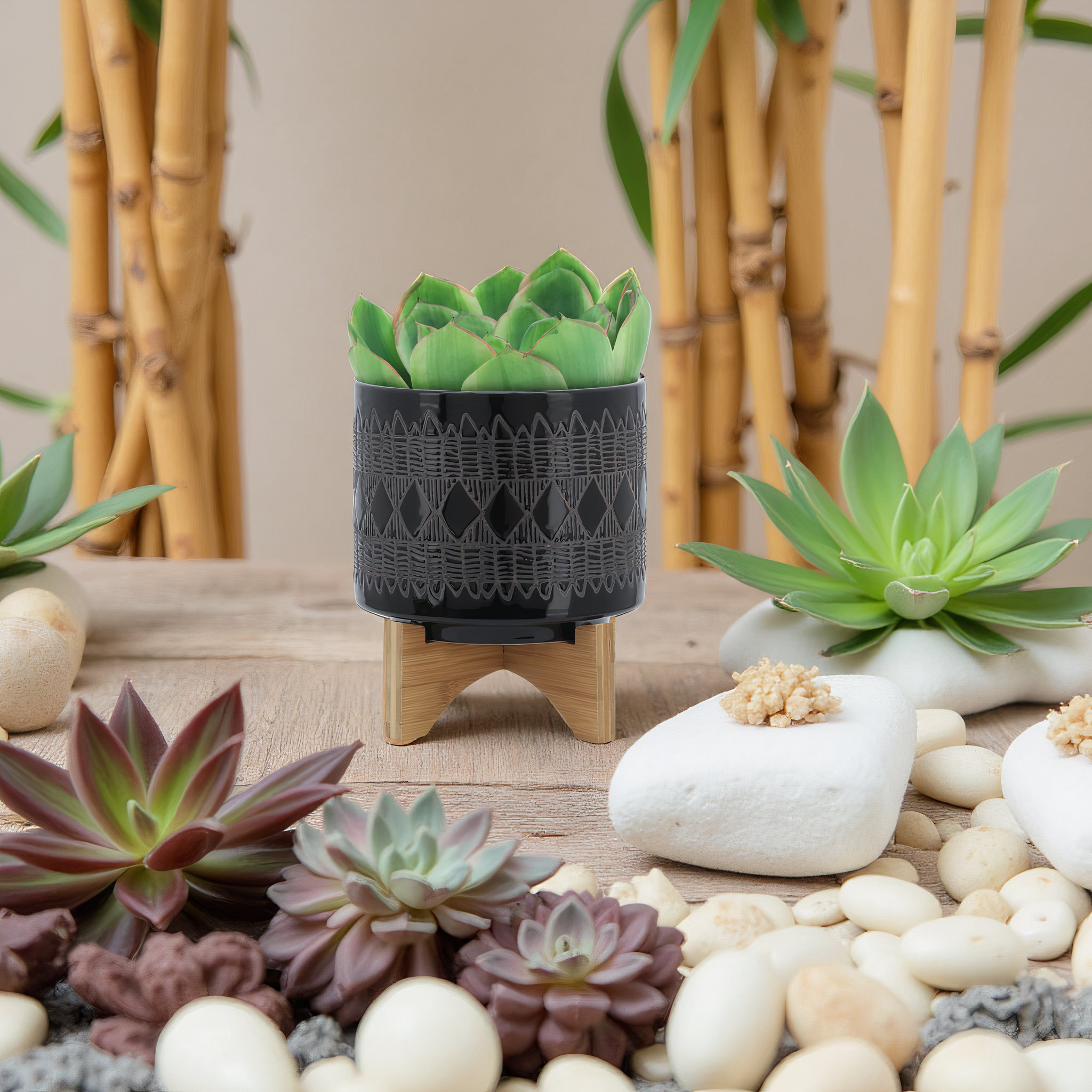 Dakota Fields Stoneware & Ceramic Planters with Bamboo Stand ...