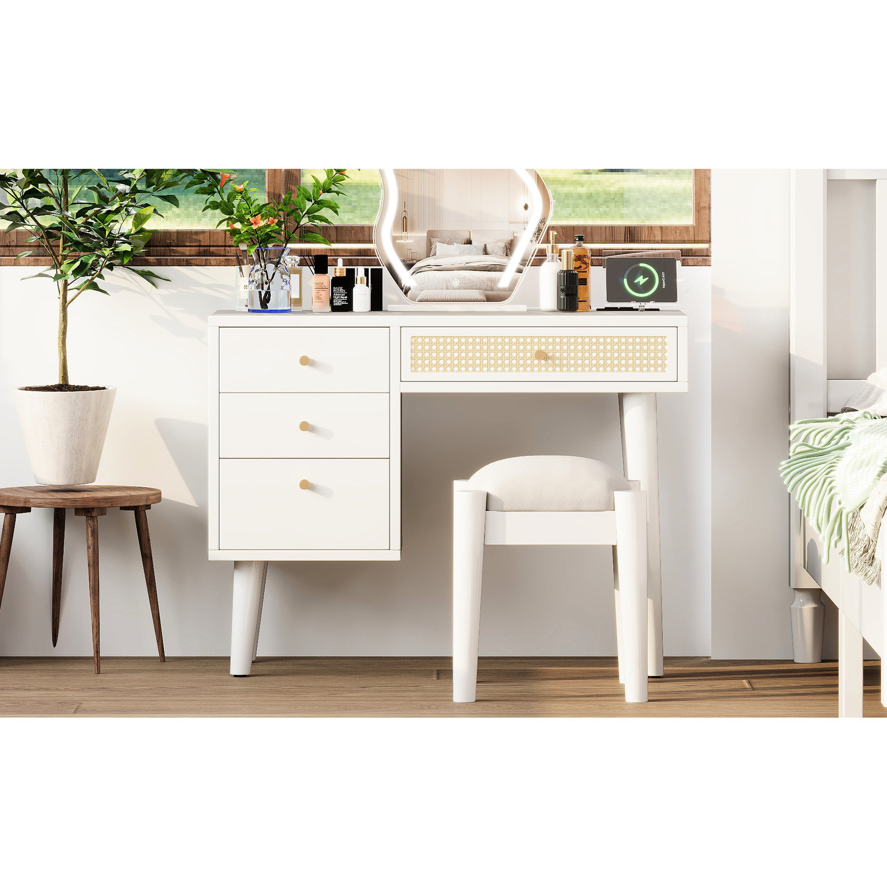 Bay Isle Home™ 4 Drawers Wooden Dressing Table With Charging Feature ...