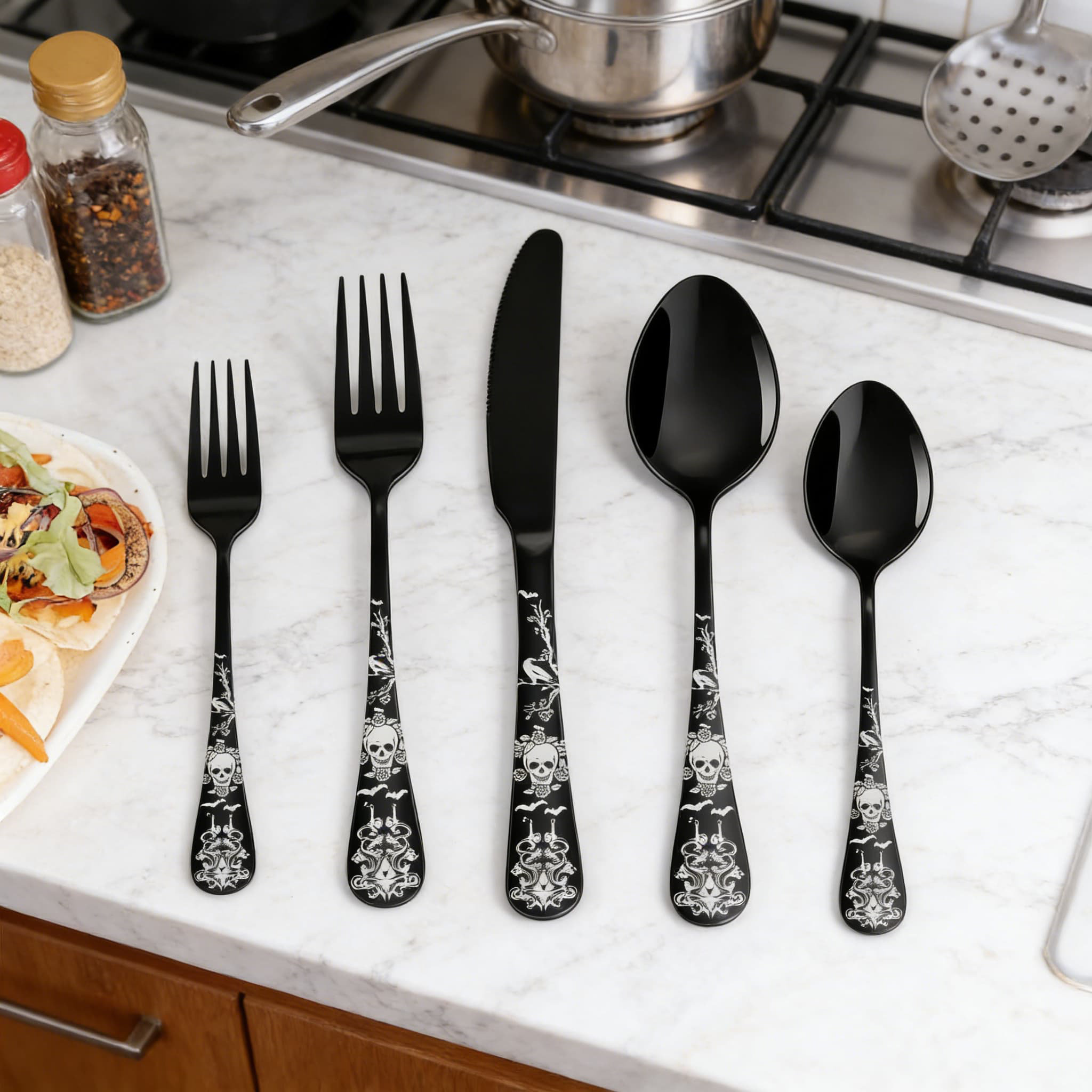 Rosdorf Park 40-Piece Skull Flatware Set For 8, Stainless Steel ...