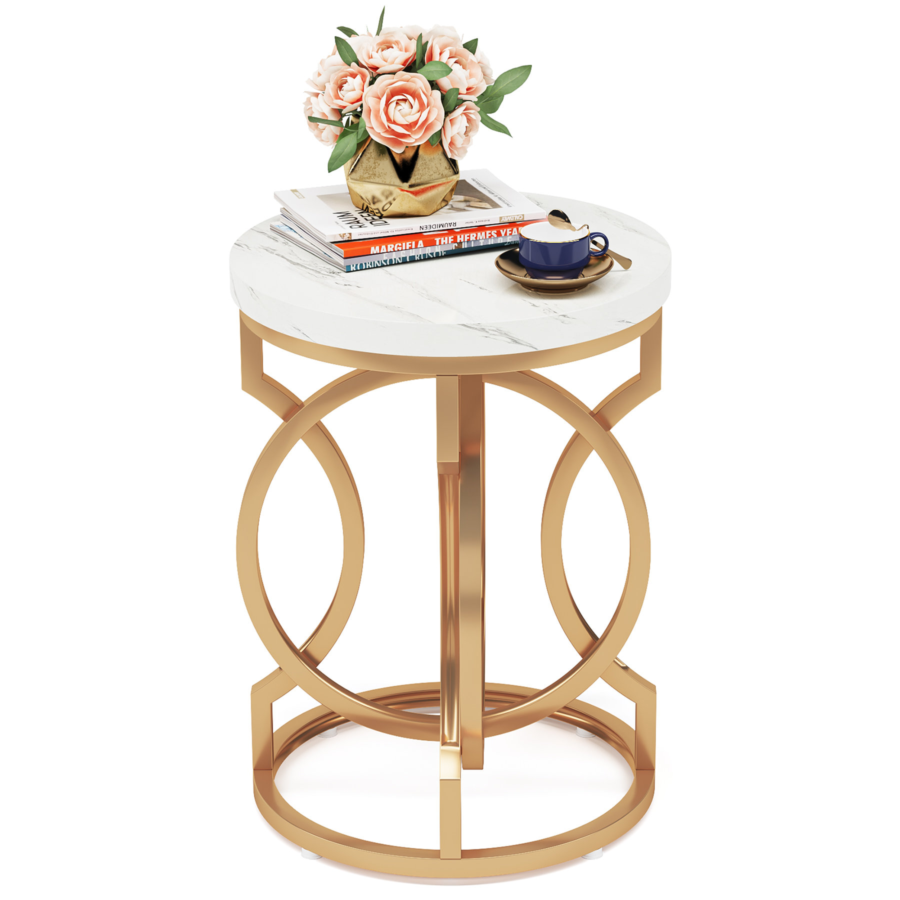 Everly Quinn Masonlee 19.7"W Gold End Table, Round Side Table with Faux ...