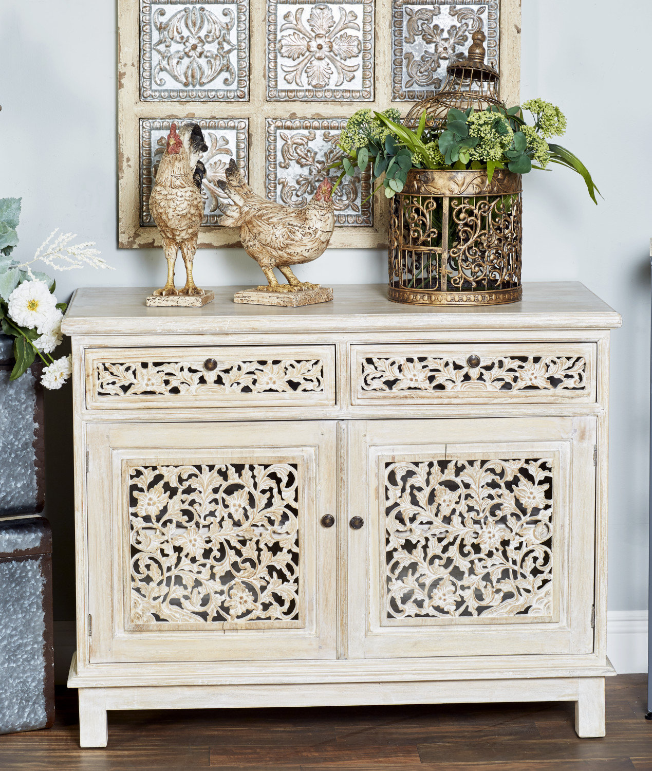 Bungalow Rose Suncrest Wood Intricately Carved 2 Drawers 1 Shelf and 2 ...