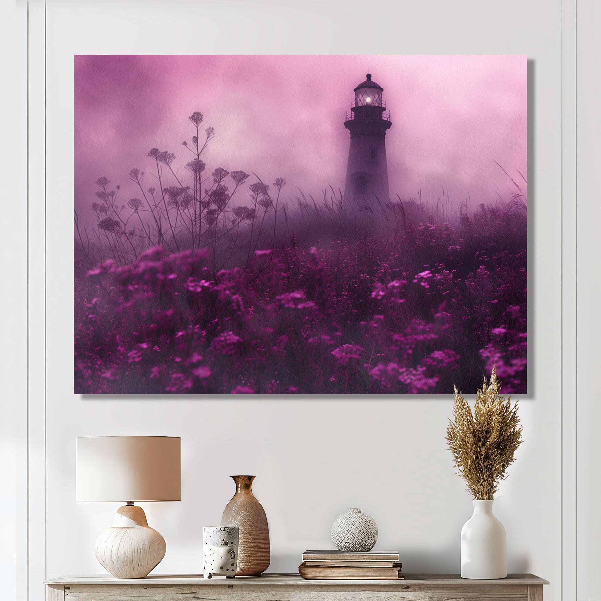 Design Art Purple And Grey Foggy Lighthouse Rock II - Lighthouses Wall ...