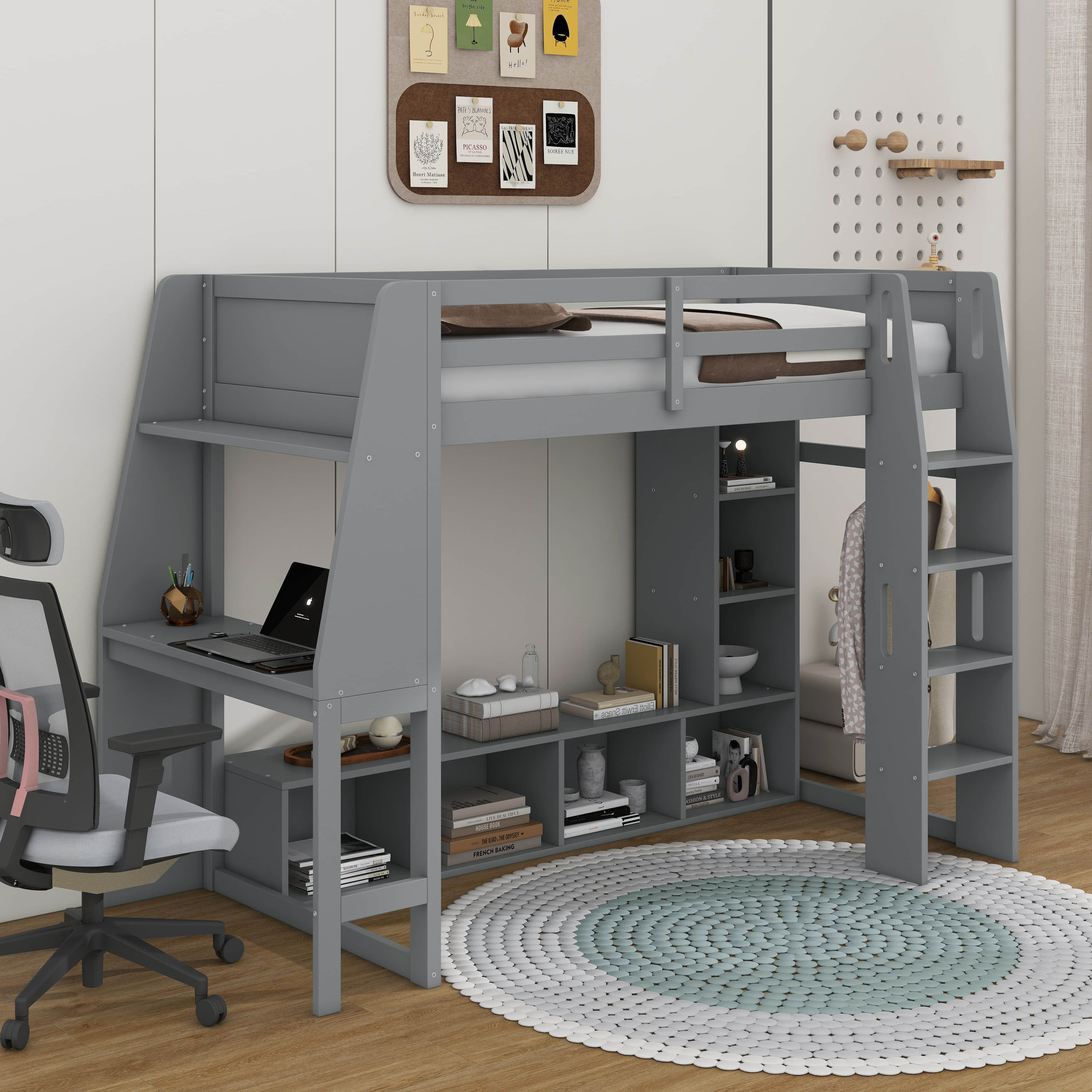 Ivy Bronx Wood Gaming Loft Bed With Desk, Multi-Storage Shelves, LED ...