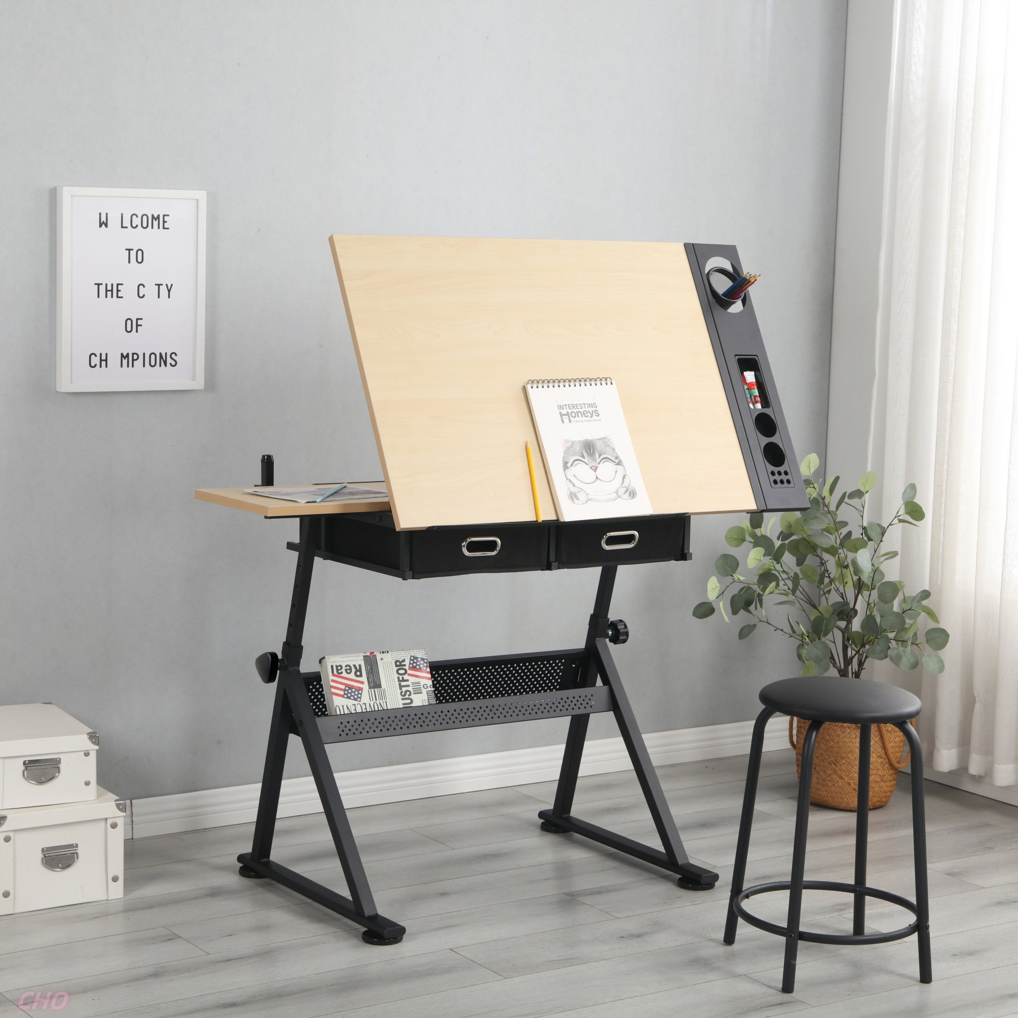 George Oliver Adjustable Drawing Drafting Table Desk With 2 Drawers For ...