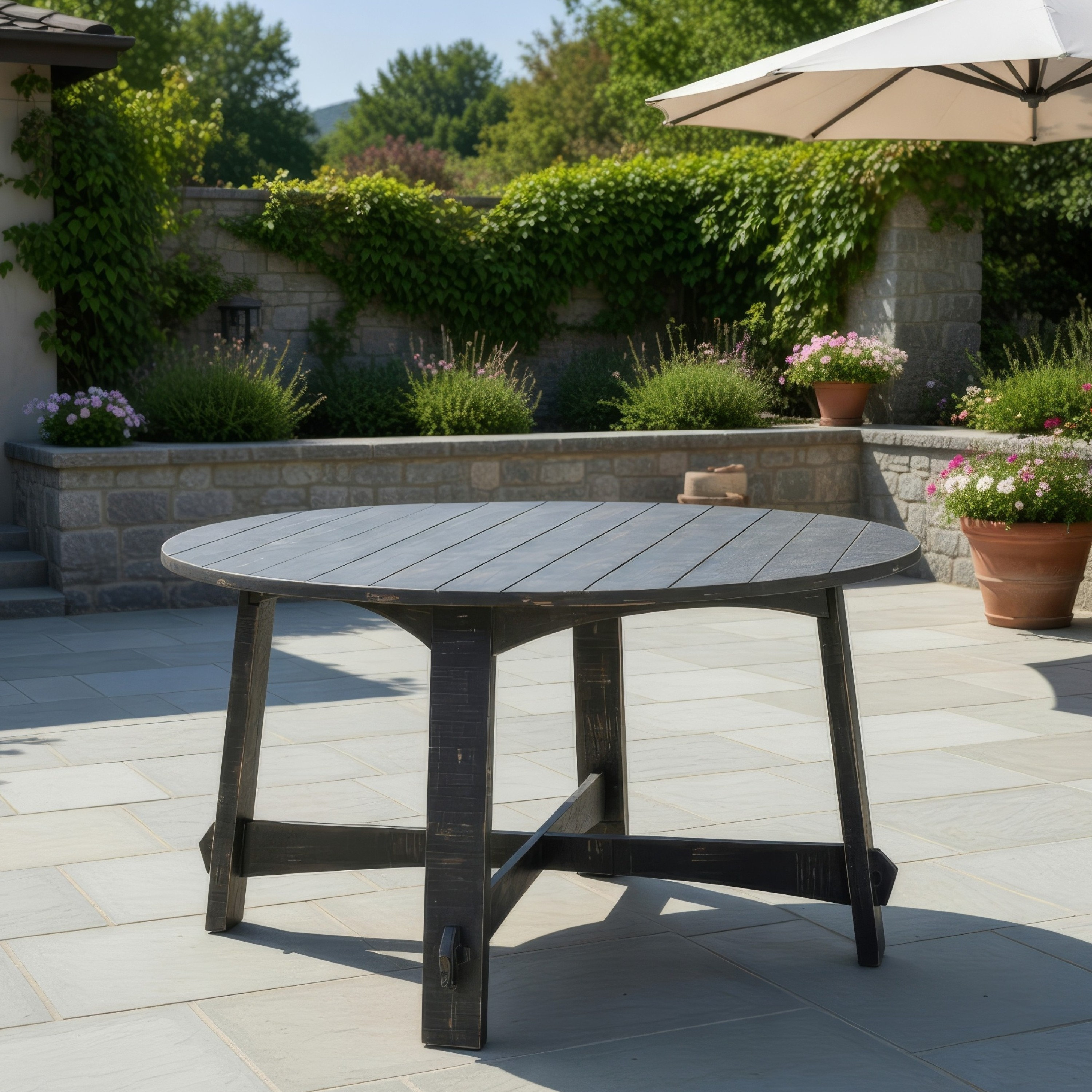 Benjara Rena Dining Table, 54 Inch Round Planked Mahogany Wood | Wayfair