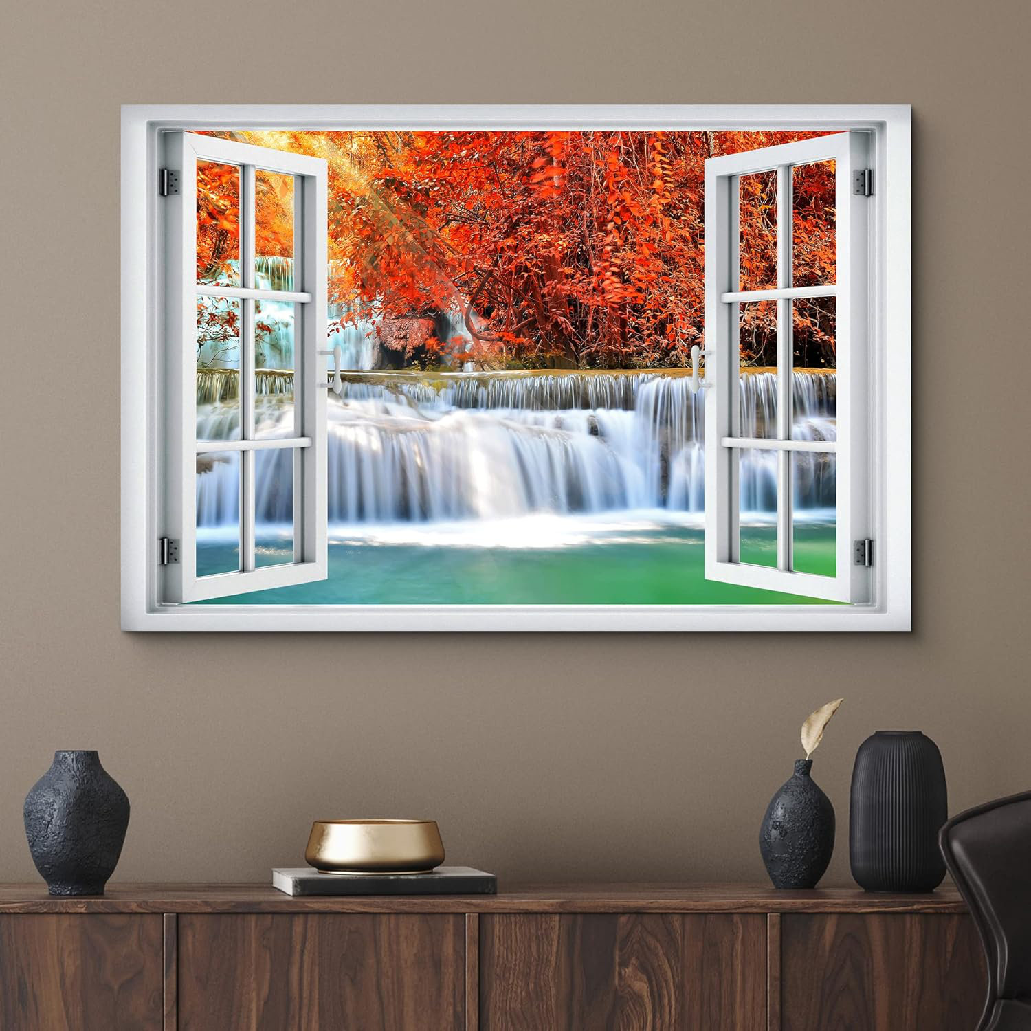 IDEA4WALL Autumn Fall " Window View Autumn Orange Leaf Waterfall Rapid ...