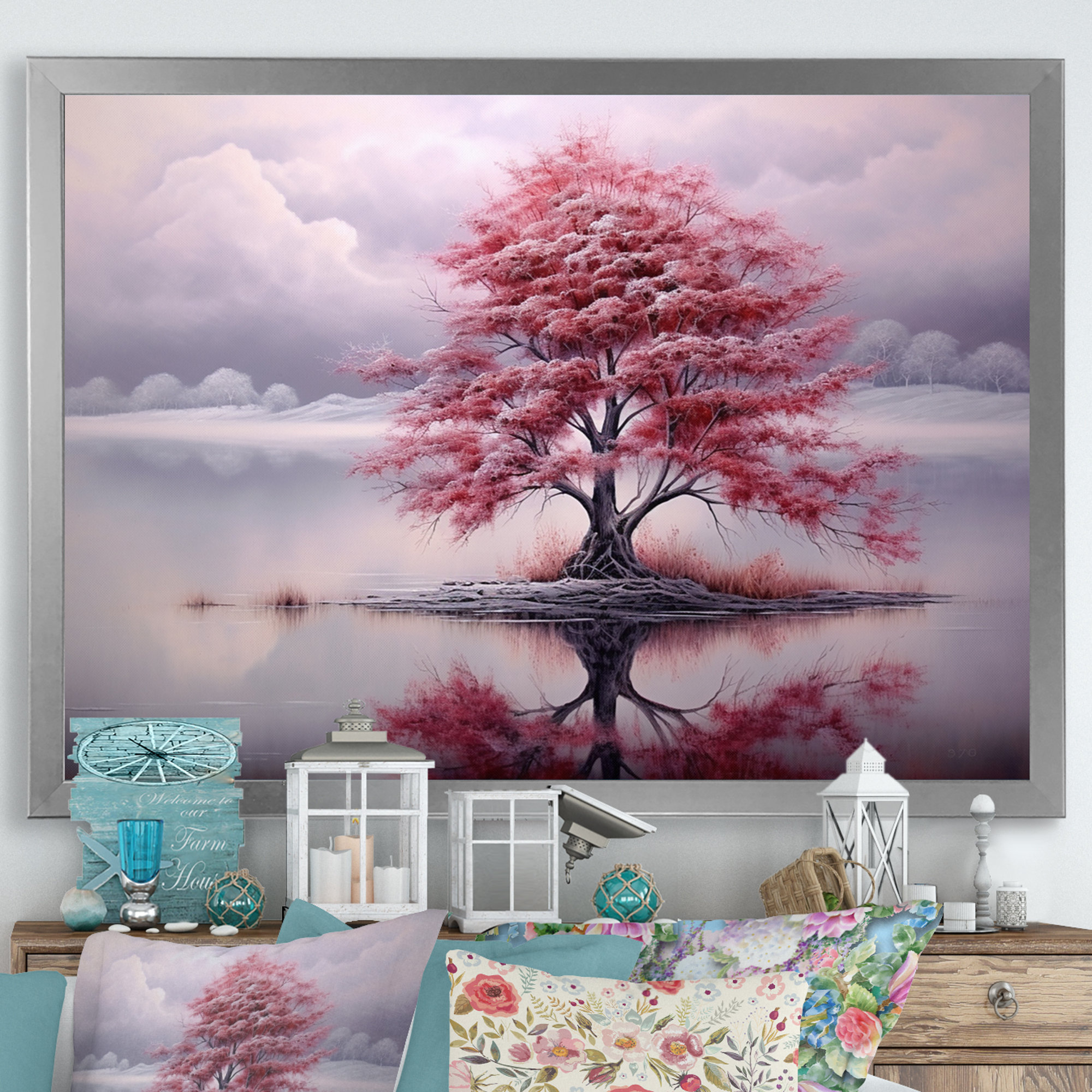 Ebern Designs Majestic Pink Winter Tree In The Lake On Canvas Print ...