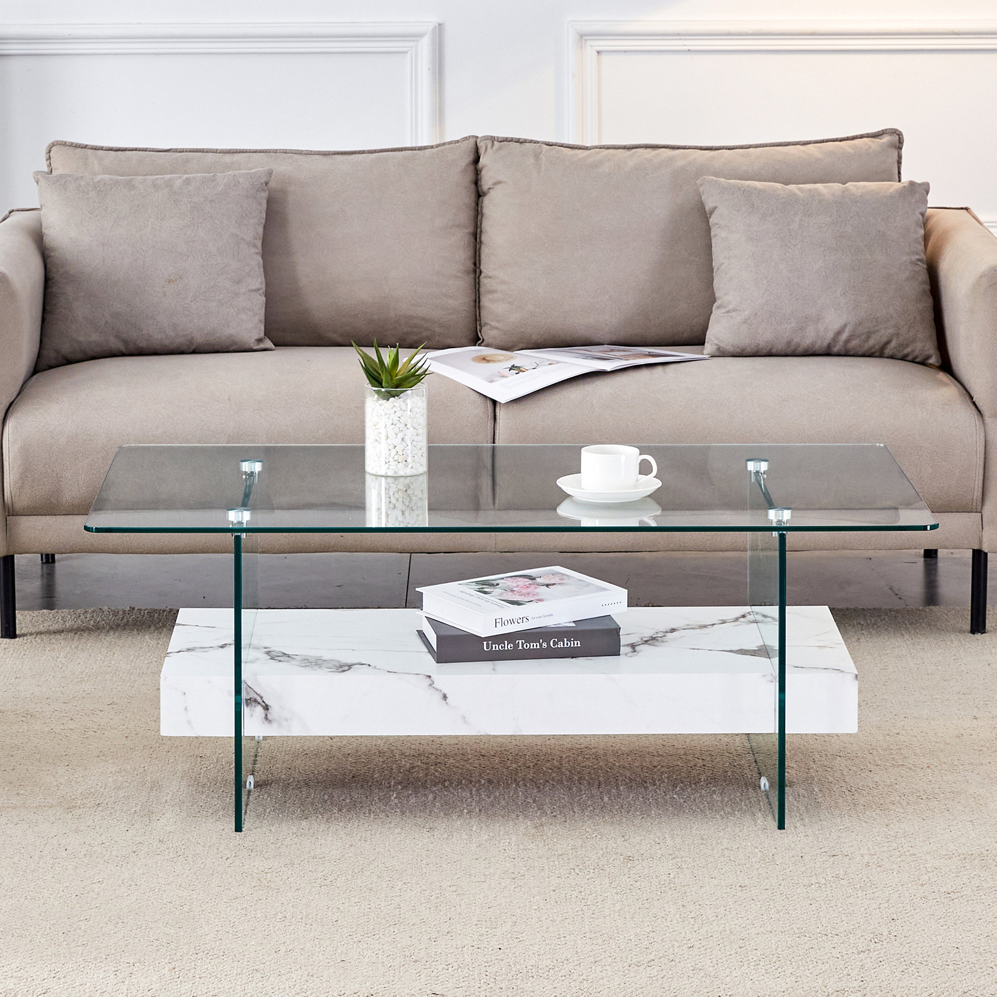 Wrought Studio™ Sturdy Double-Layer Coffee Table - Tempered Glass ...
