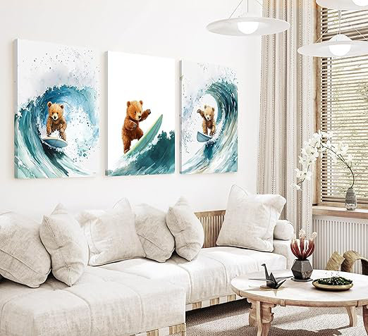 Trinx Teddy Bear Ocean Surf Bathroom Wall Art Blue Ocean Surfing Animal ...