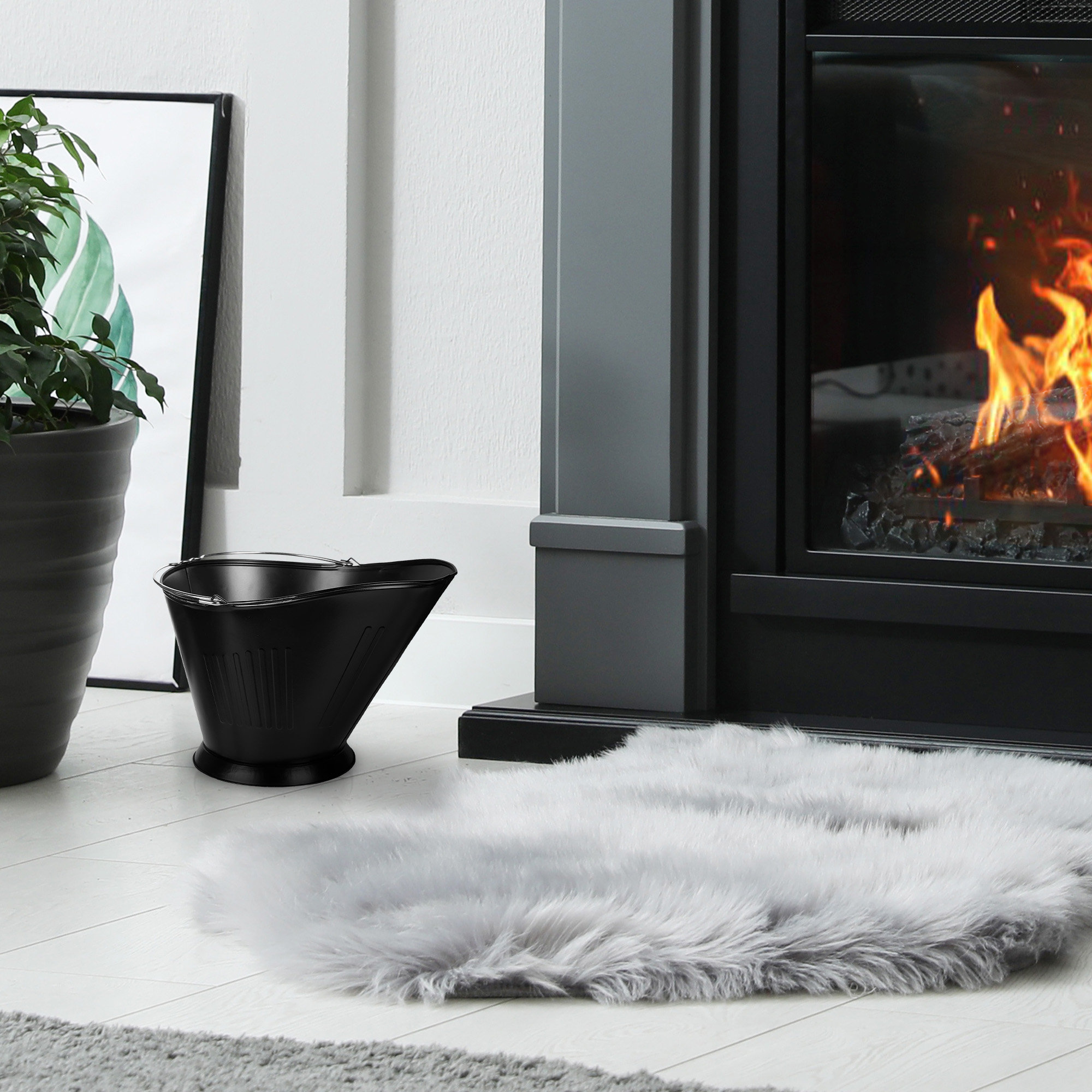 Ebern Designs Modern Round Powder Coated Steel Fireplace Coal Scuttle ...