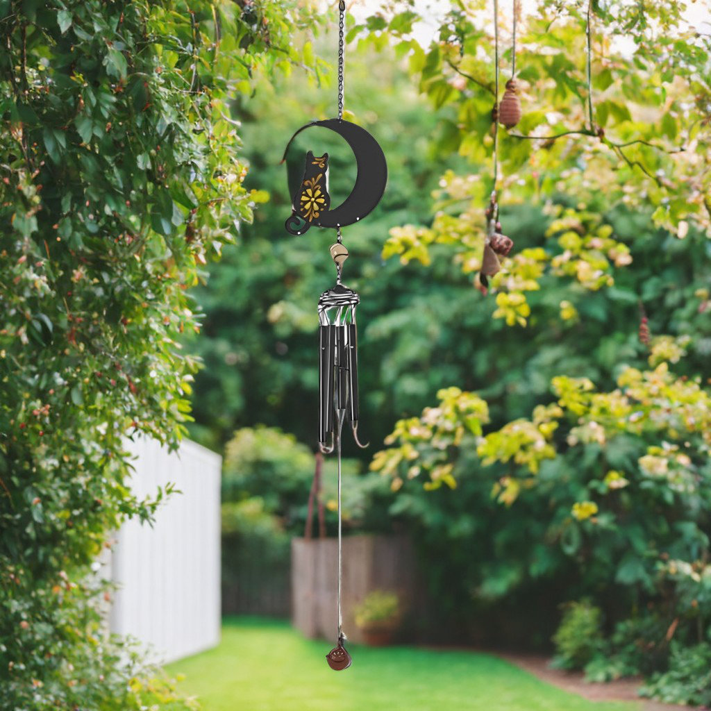 Arlmont & Co. 27"Long Cat on Moon With Gem Wind Chime | Wayfair