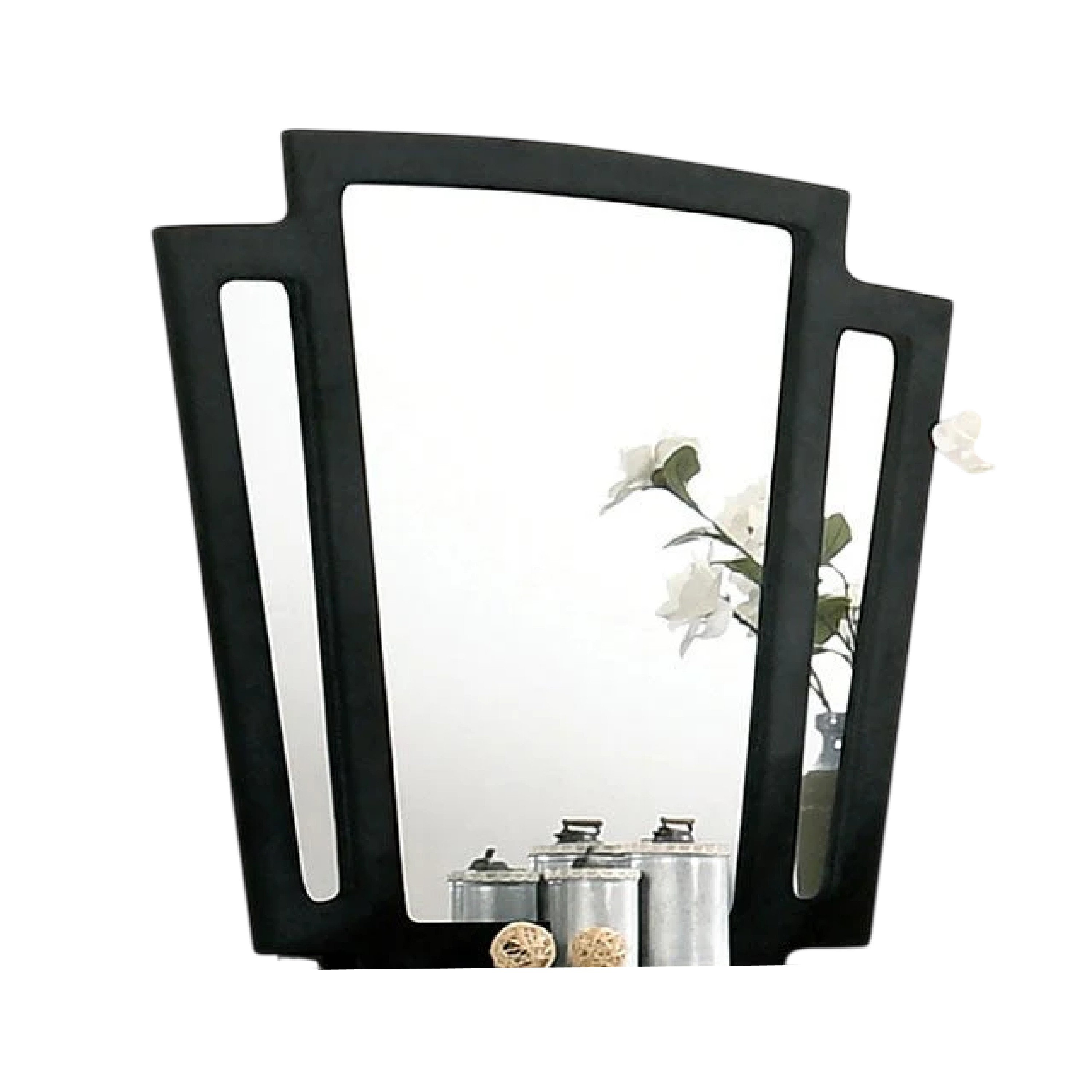 Benjara Ino Dresser Mirror, 44 Inch Black Fabric Upholstered 3 Panel ...