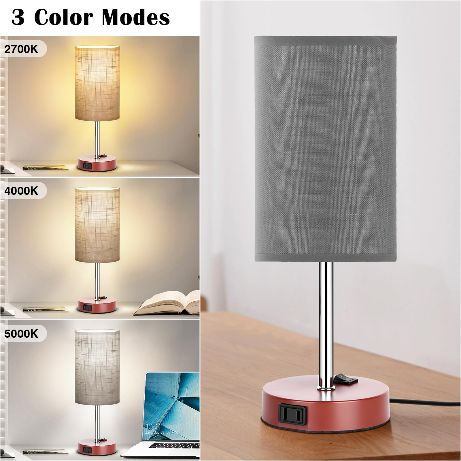 17 Stories Grey Linen Bedside Lamps Set Of 2 With Dimmable 3-Colour ...