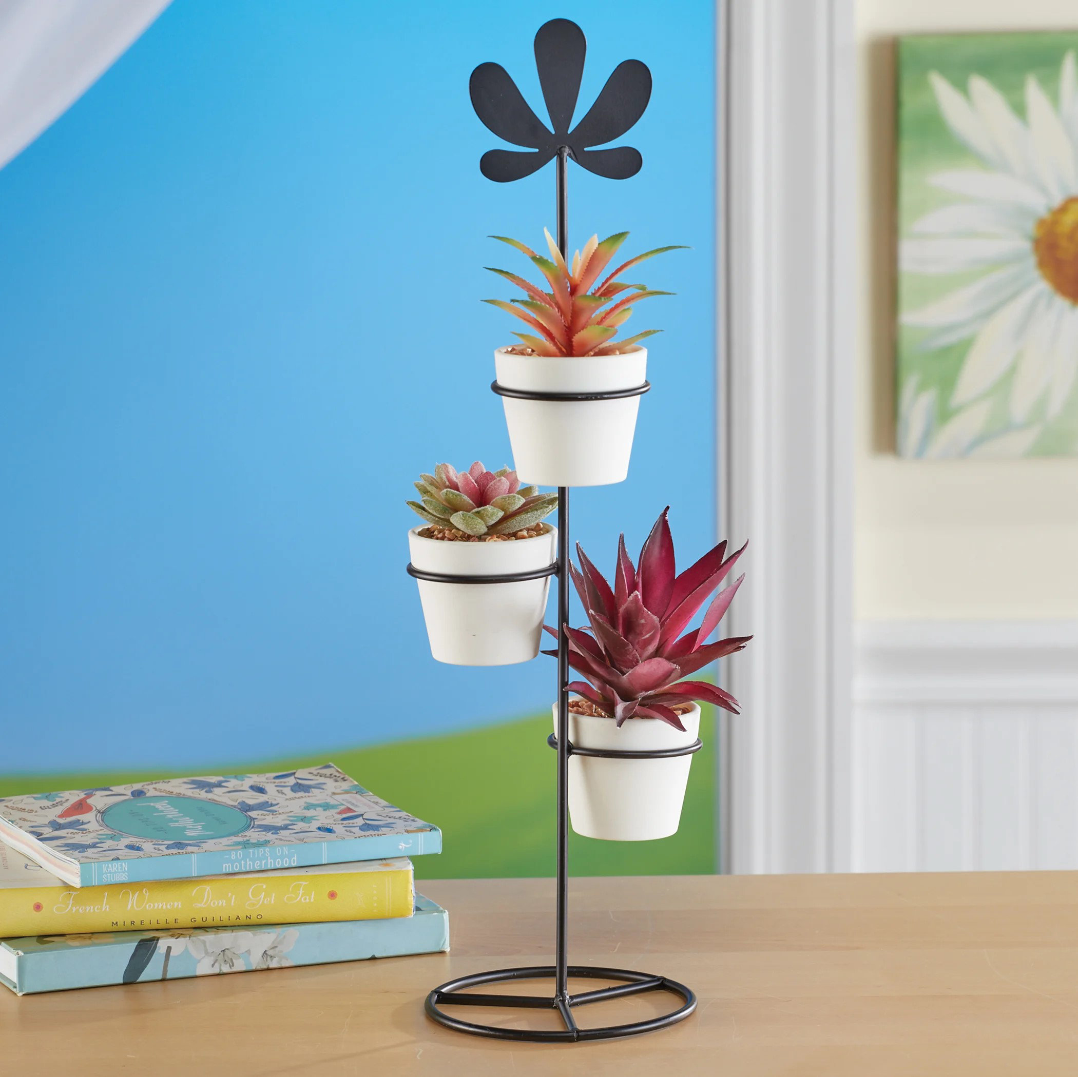 Ebern Designs Artificial Succulents in White Pots and Iron Stand Set ...