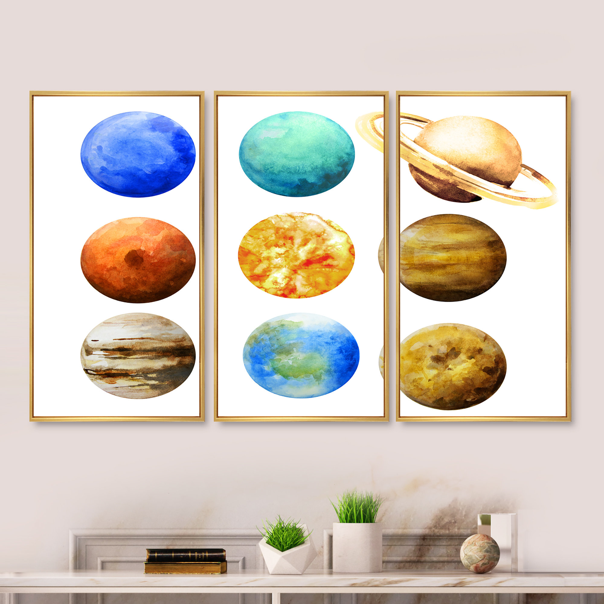 Design Art Various Planets In Orbit - Modern Framed Canvas Wall Art Set ...