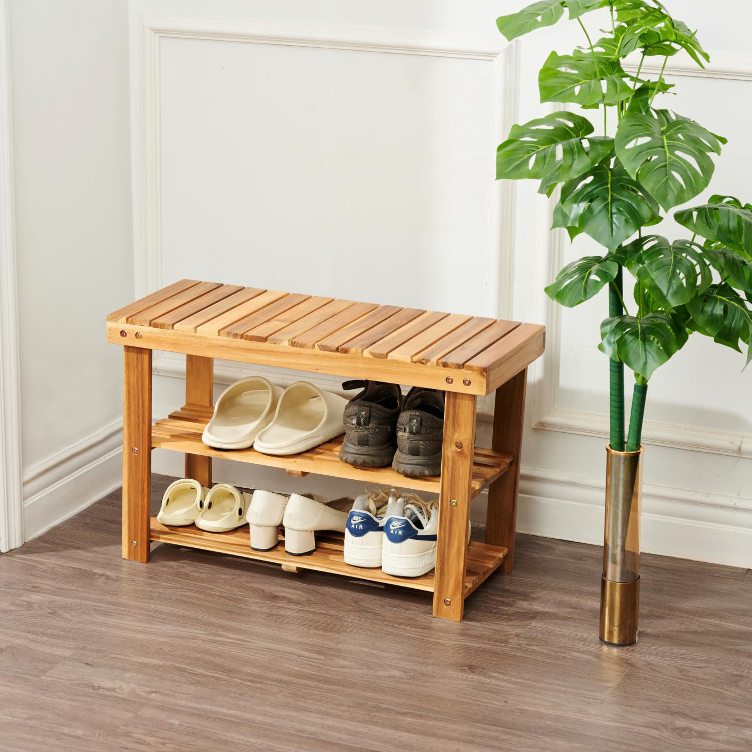 Latitude Run® Wooden Shoe Rack Bench, 3-Tier Sturdy Shoe Organizer,Wood ...