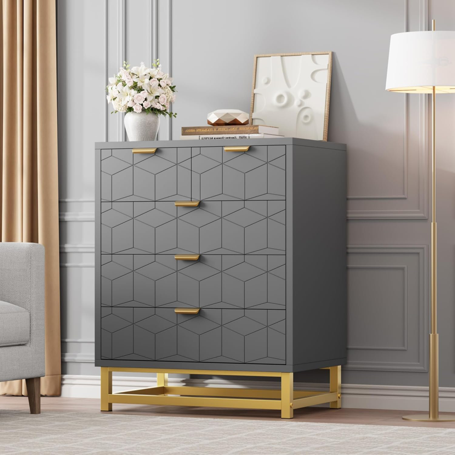 Mercer41 5 Drawe Dresser for Bedroom, Wooden Dresser with Gold Handles ...