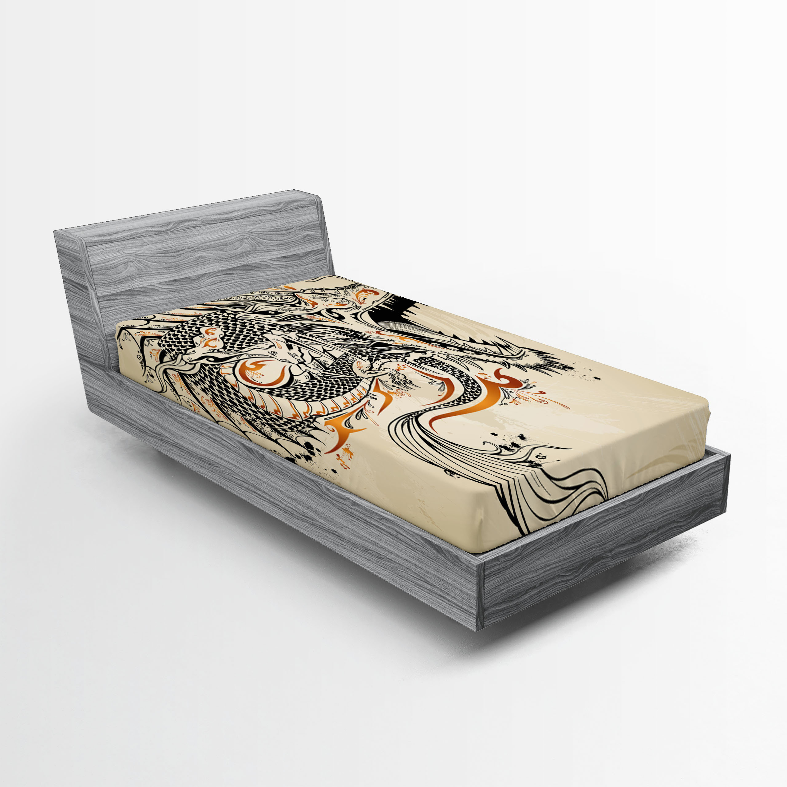 Ambesonne Dragon Fitted Sheet 2-Pack Doodle Creature Beige Ginger Black ...