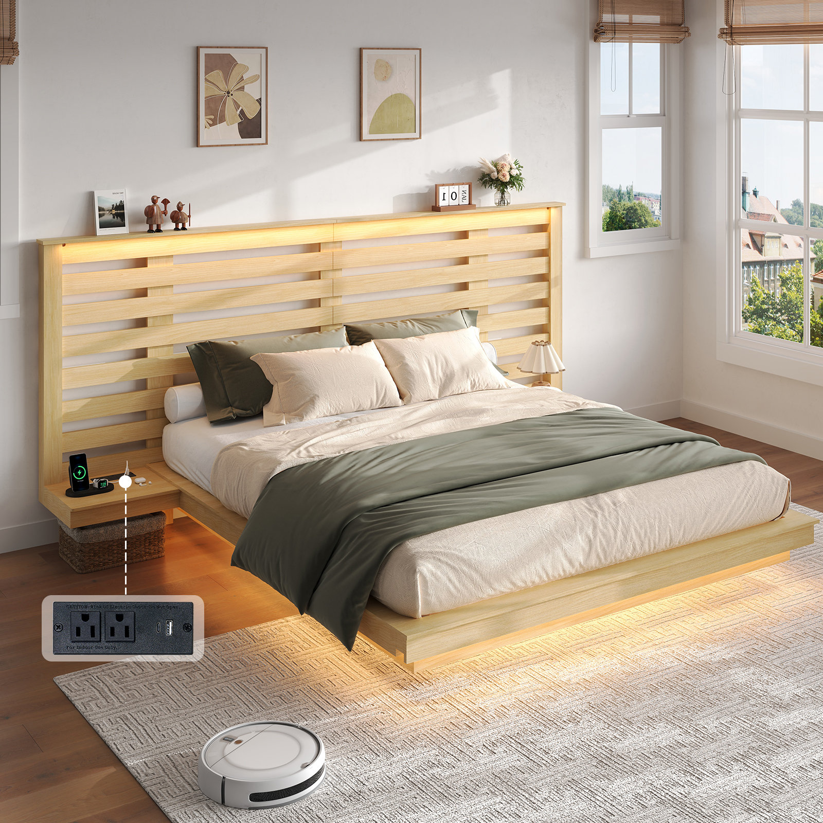 Ivy Bronx Widen Headboard Platform Bed With Bedside Stoage Table ...