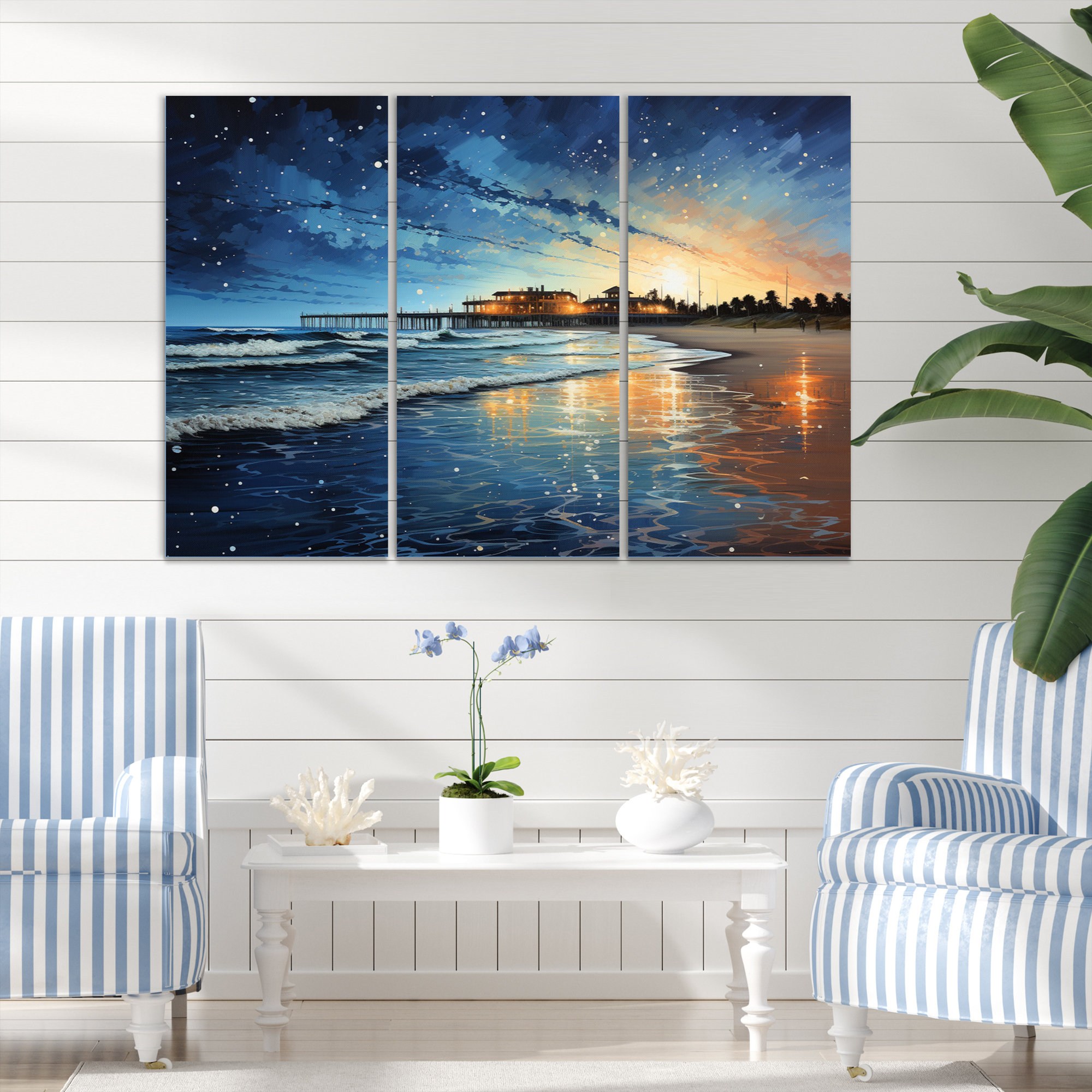 DesignArt Beach Pier Reflections Pointillism I - Landscapes Metal Wall ...