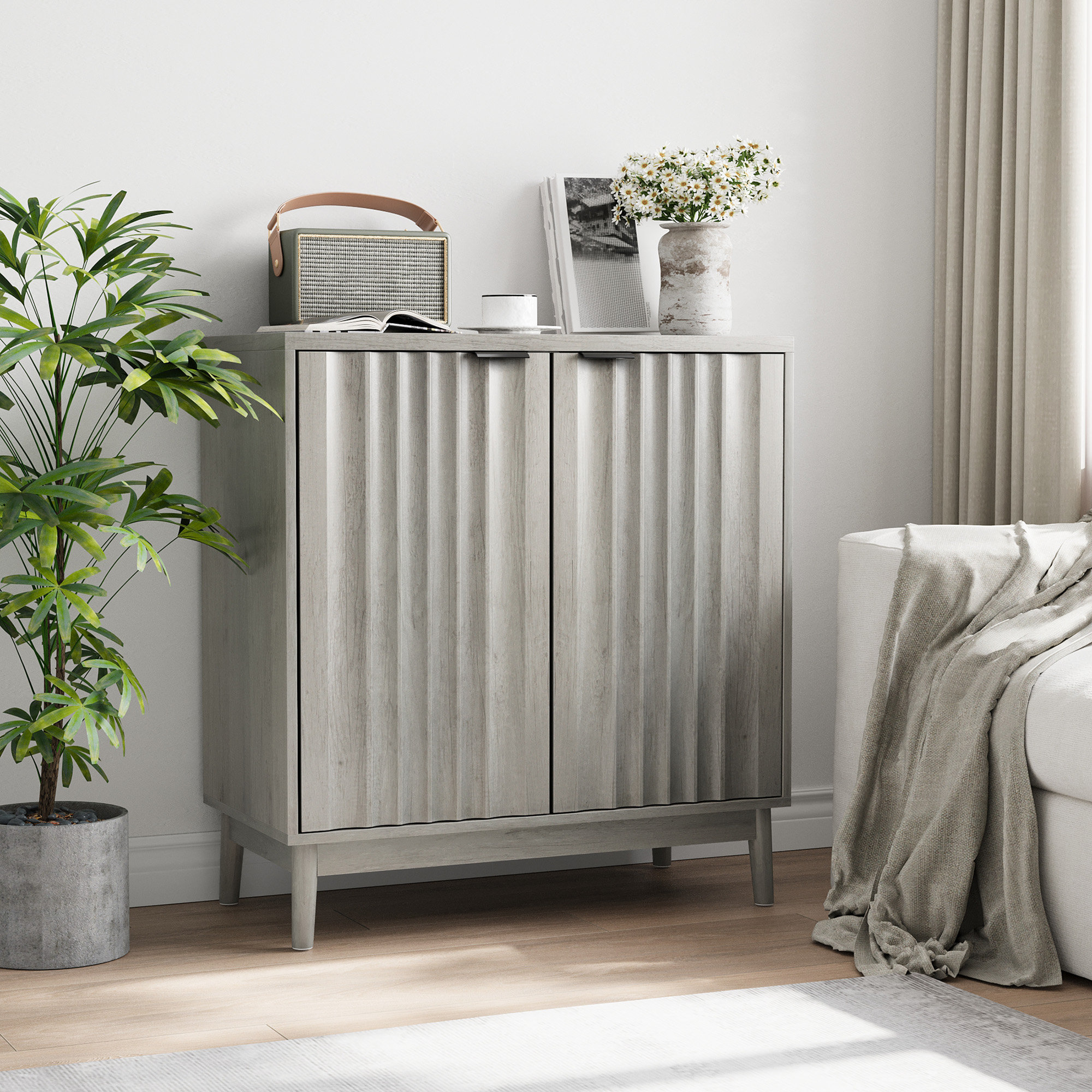 Ebern Designs Grey Sideboard, Freestanding Buffet Cabinet with Fluted Doors, Wood Storage ...