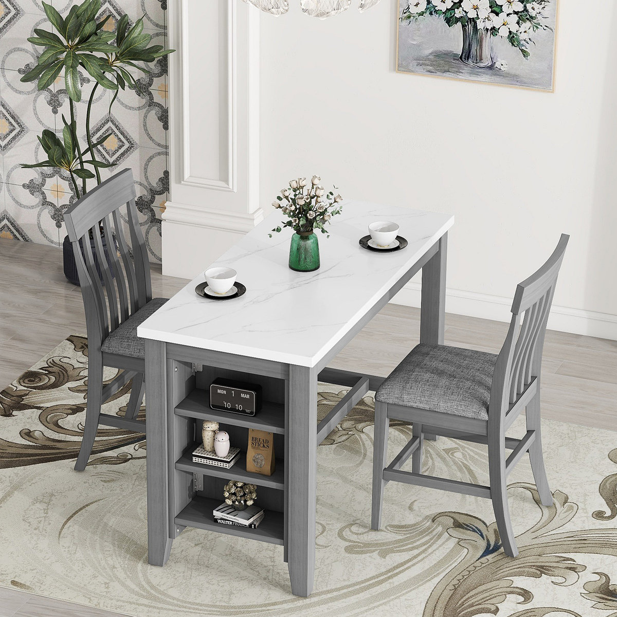 Lark Manor 3-Piece Counter Height Dining Table Set With Built-In Storage Shelves, One Top Dining ...