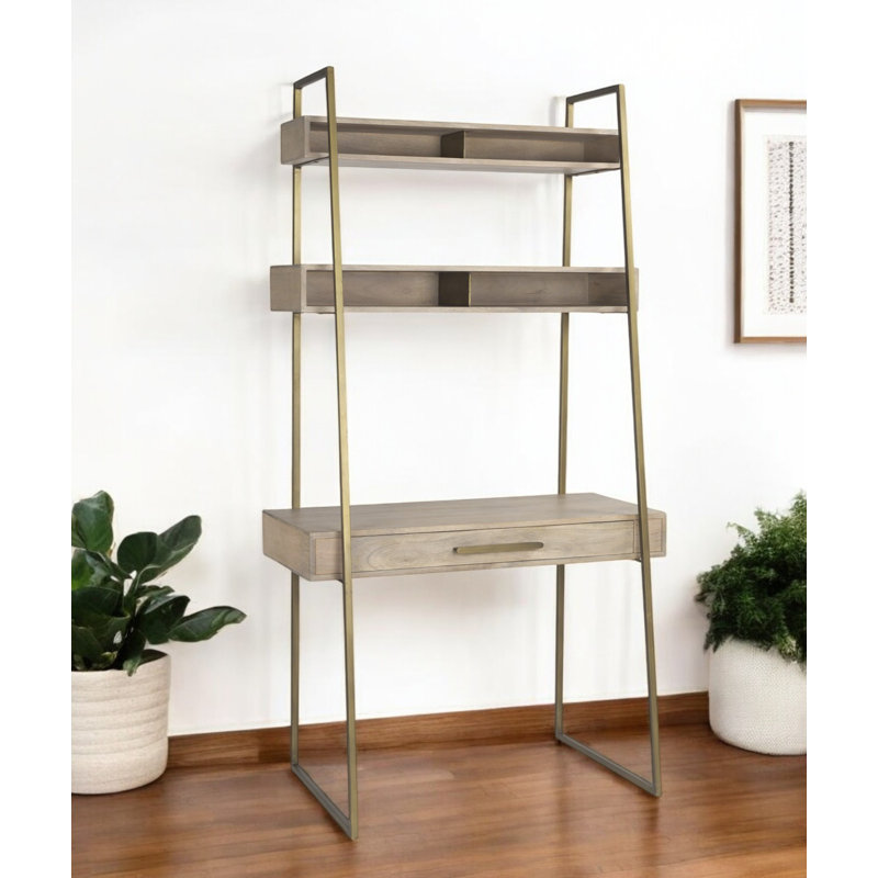 HomeRoots 42" Brown and Gold Solid Wood and Metal Sled Ladder Desk ...