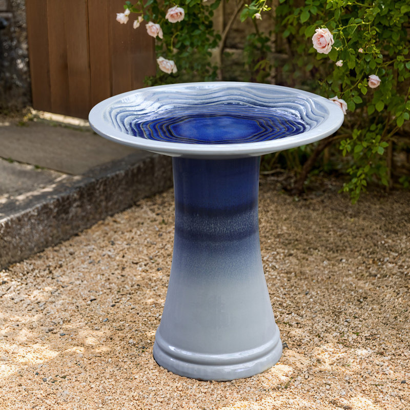 Beachcrest Home™ Blue Waves 18-Inch Tall Ceramic Birdbath | Wayfair