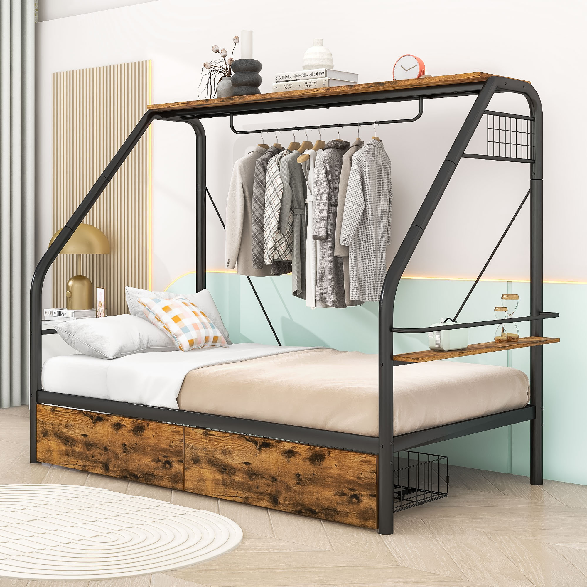 Mason & Marbles Metal Platform Bed with 2 Drawers, Clothes Rack and ...
