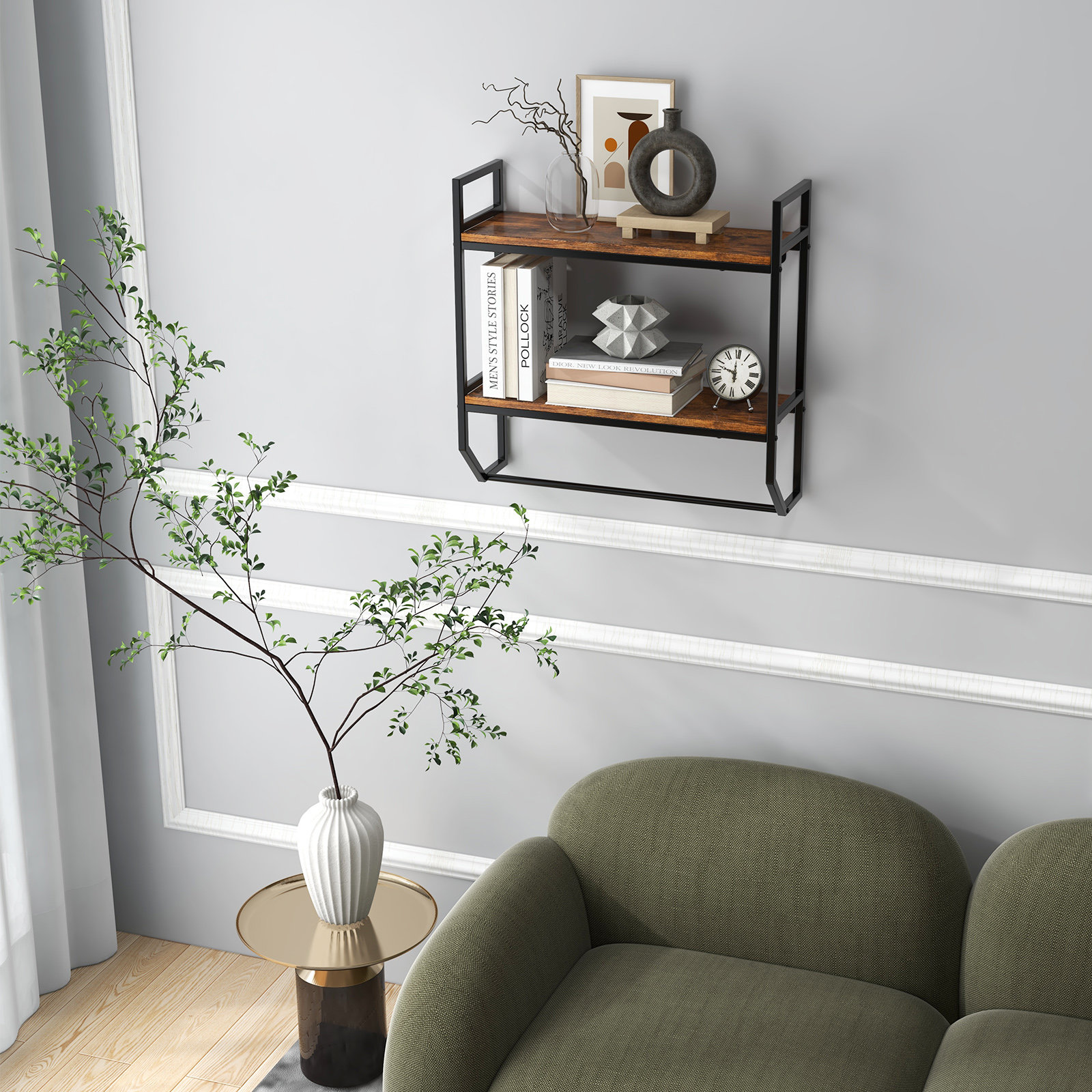 Topbuy 2-tier Floating Shelving Wall-mounted Shelf With Hanging Rod ...