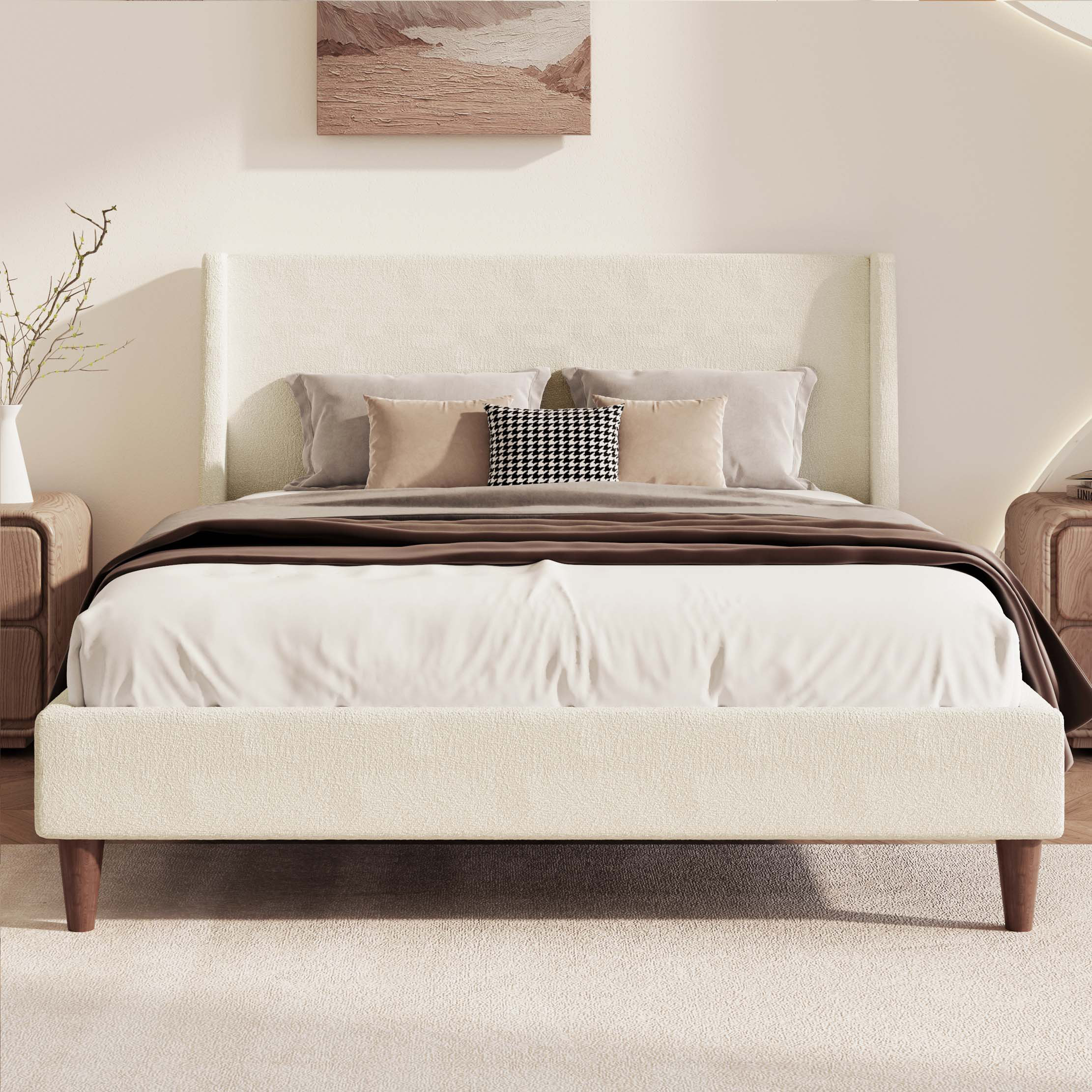 George Oliver Modern Boucle Upholstered Platform Bed with Wingback ...