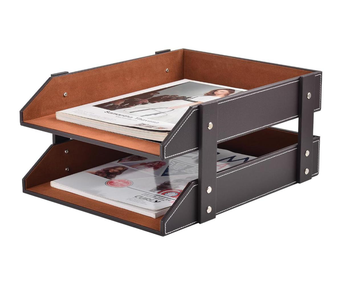 One Allium Way Leather Desk Organizer,2-Tier Stackable Letter Tray ...