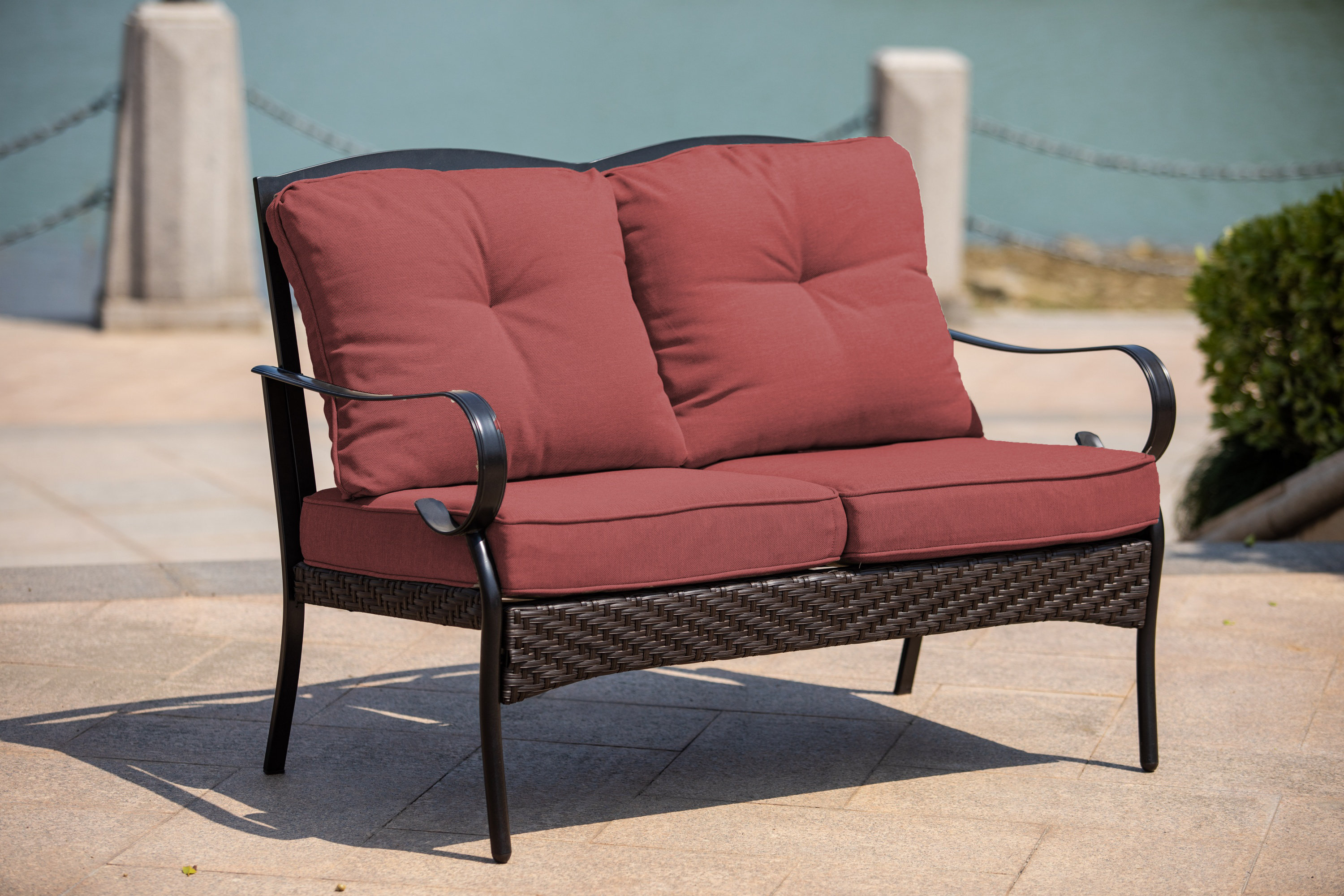 Winston Porter W48 In. Outdoor Metal Wicker Loveseat With Red Cushions ...