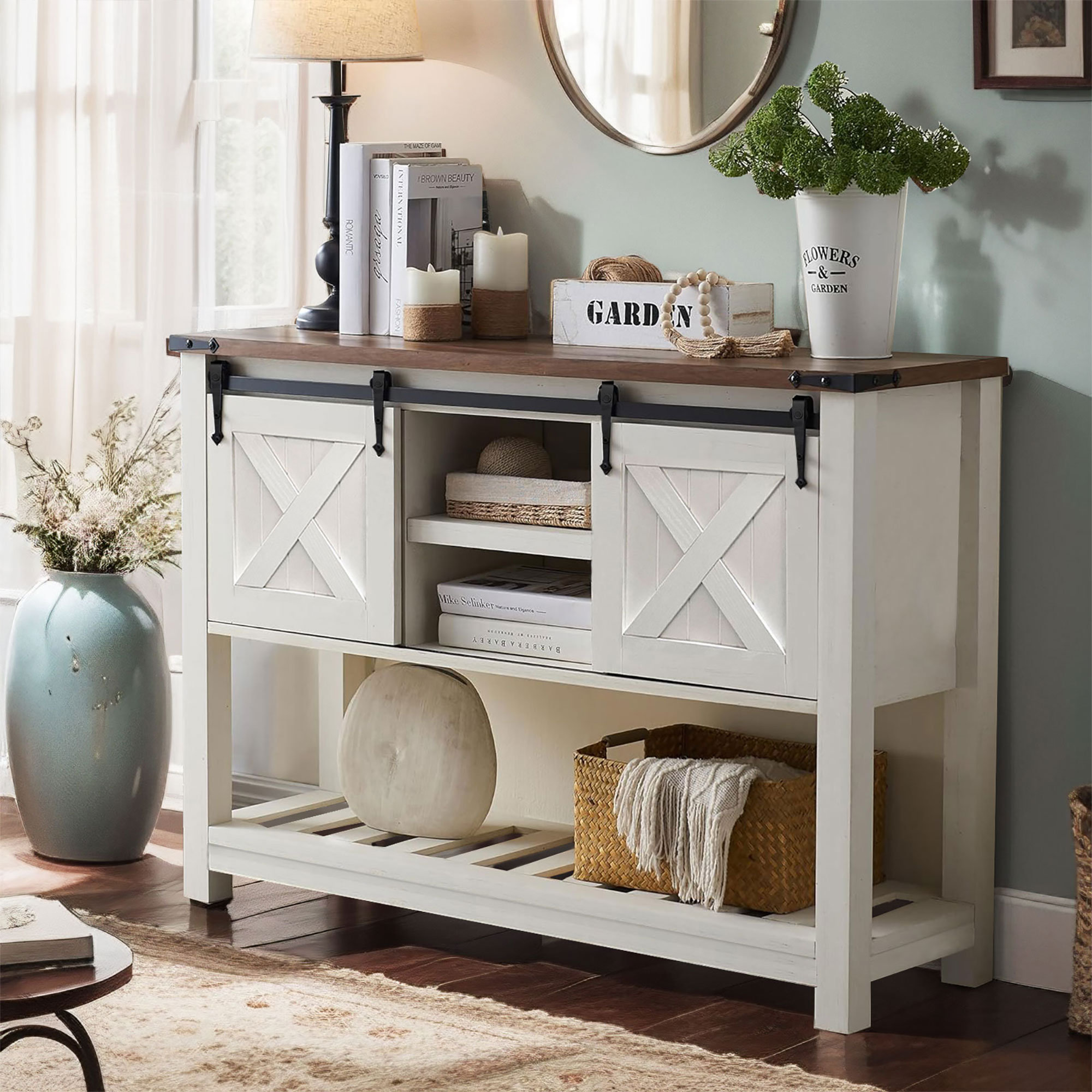 Gracie Oaks Zev Farmhouse Console Table with Sliding Barn Door and ...