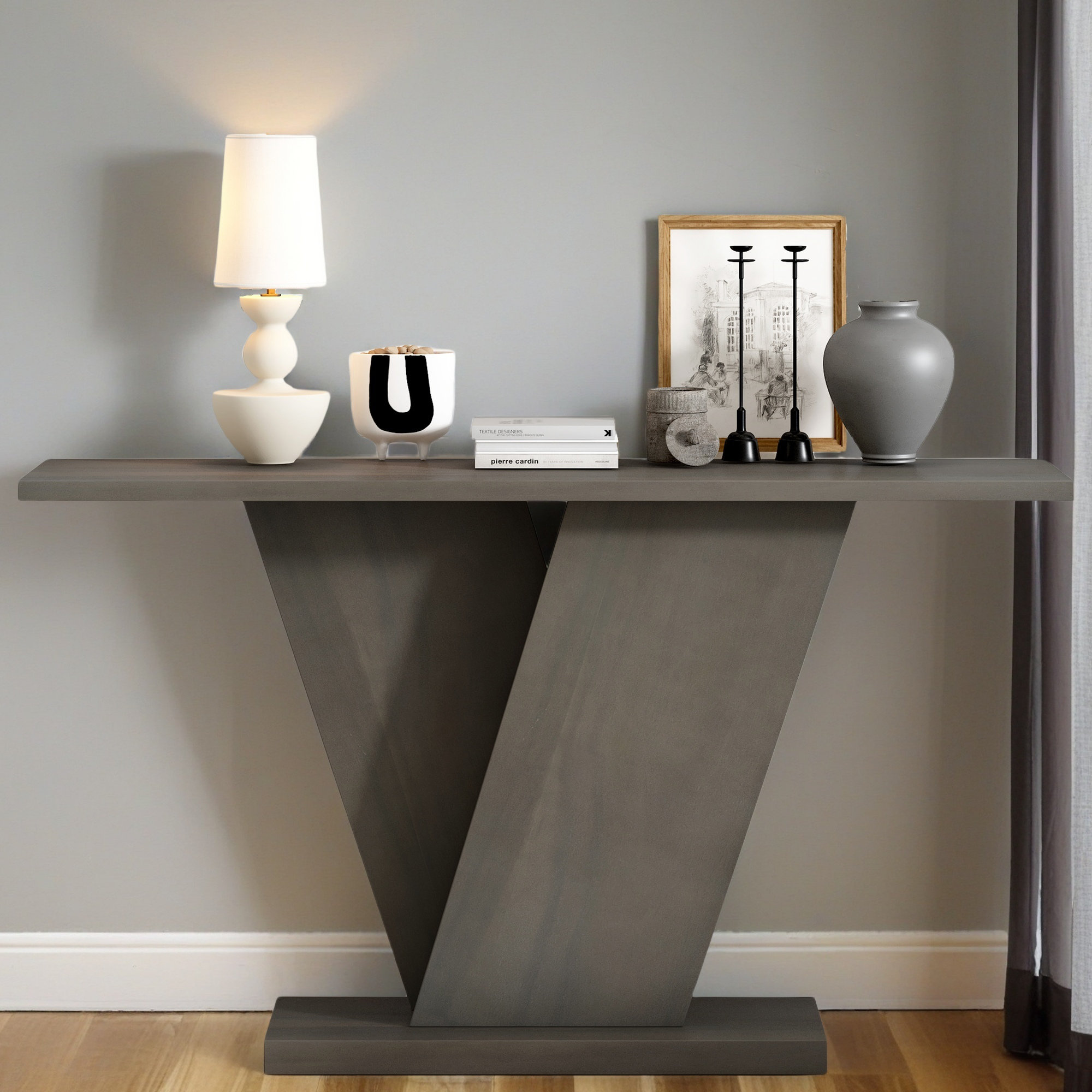 Latitude Run® Mirod Console Table With Natural Wood Veneer,V-Base ...