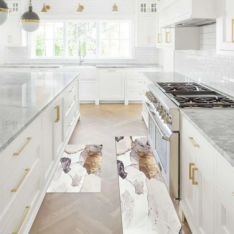 Mercer41 2 Pieces Modern Gold Kitchen Runner Mats Non-slip Abstract ...