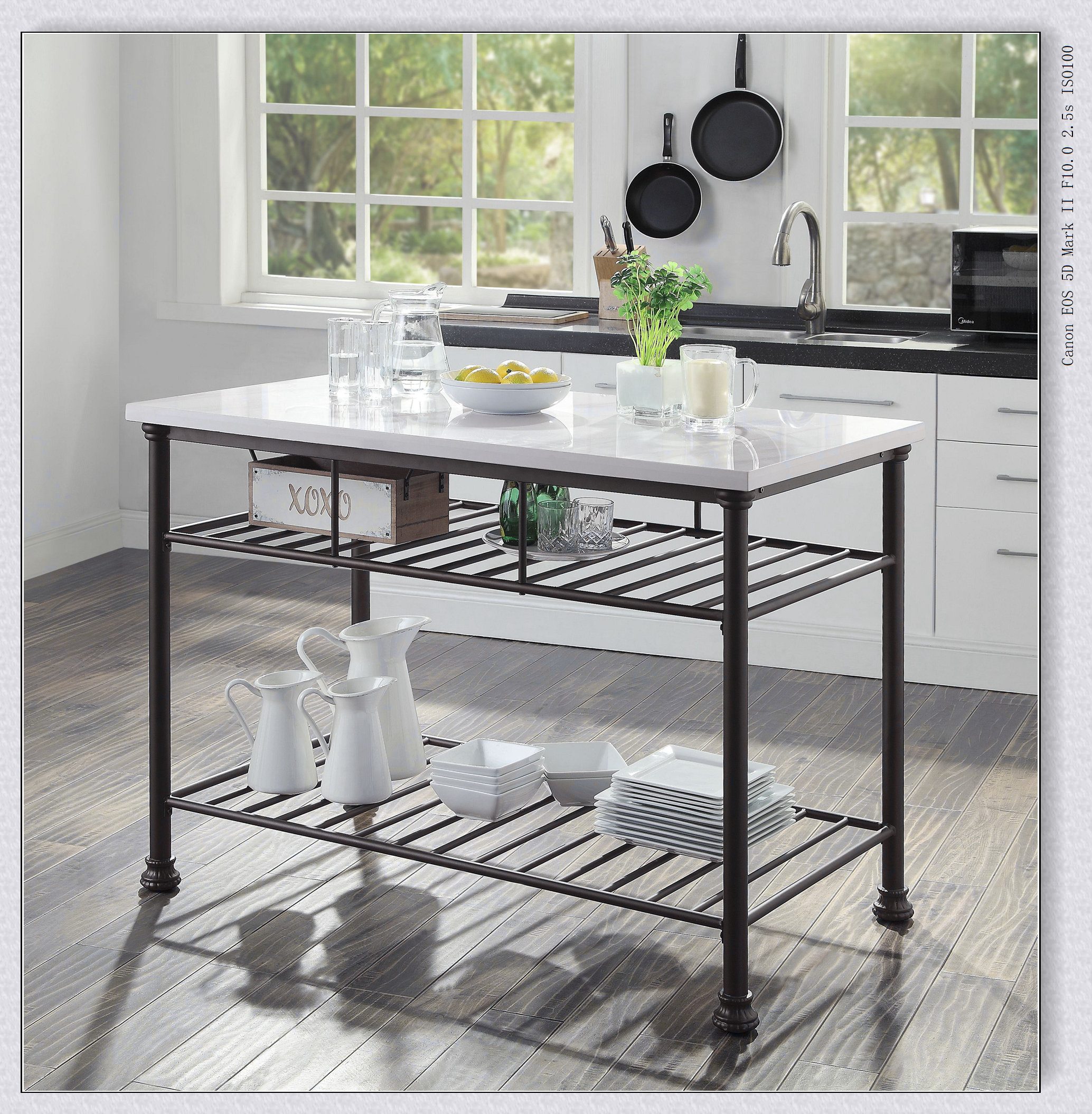 Ivy Bronx Freyja Cultured Marble Top Kitchen Island with Metal Shelves ...