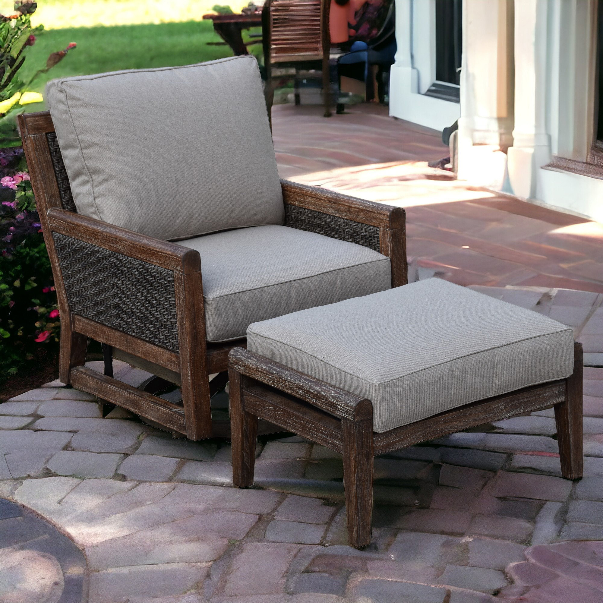 Union Rustic Hueitt Courtyard Teak Swivel Patio Chair with Sunbrella ...