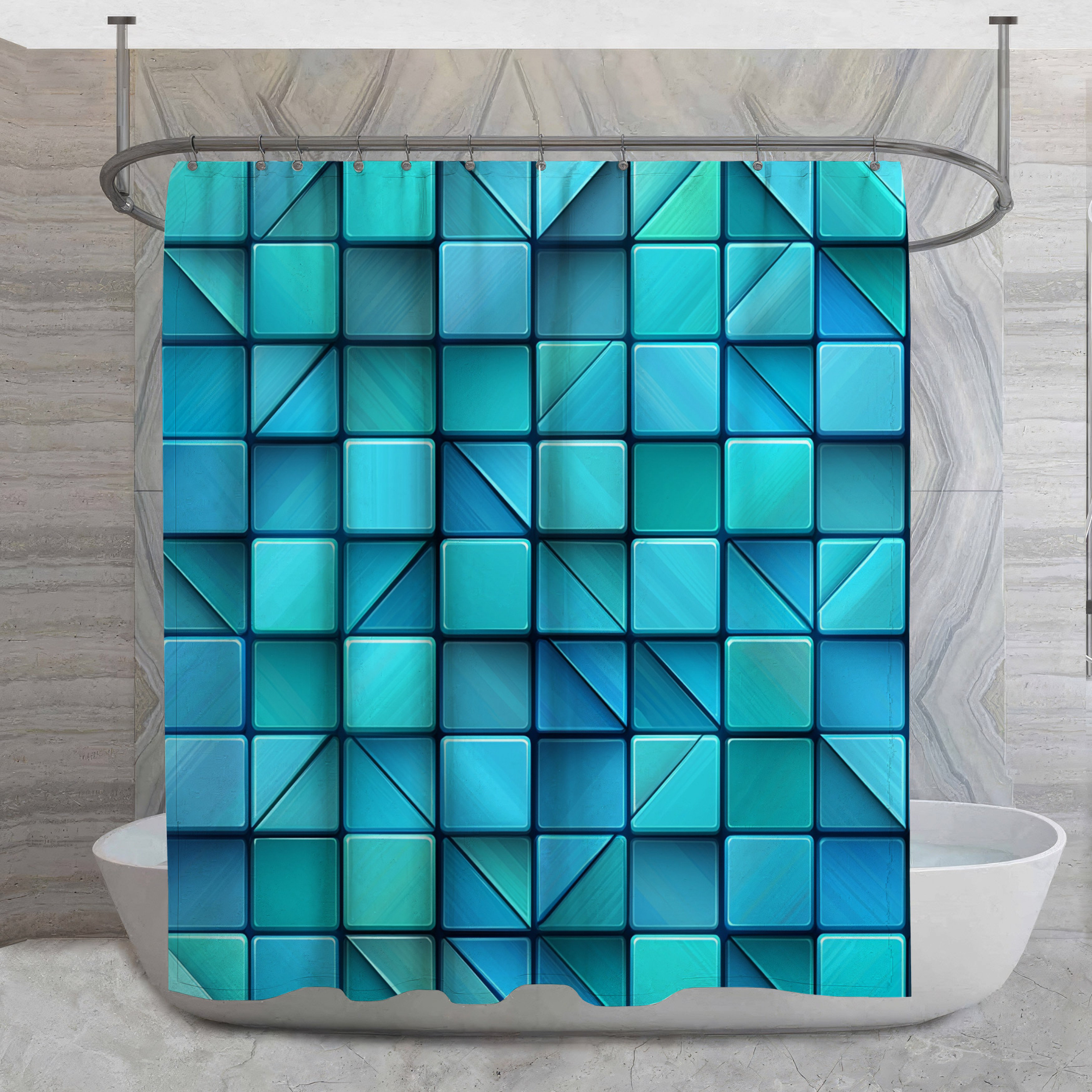 Orren Ellis Aqua Squares Shower Curtain - Abstract Bathroom Decor ...