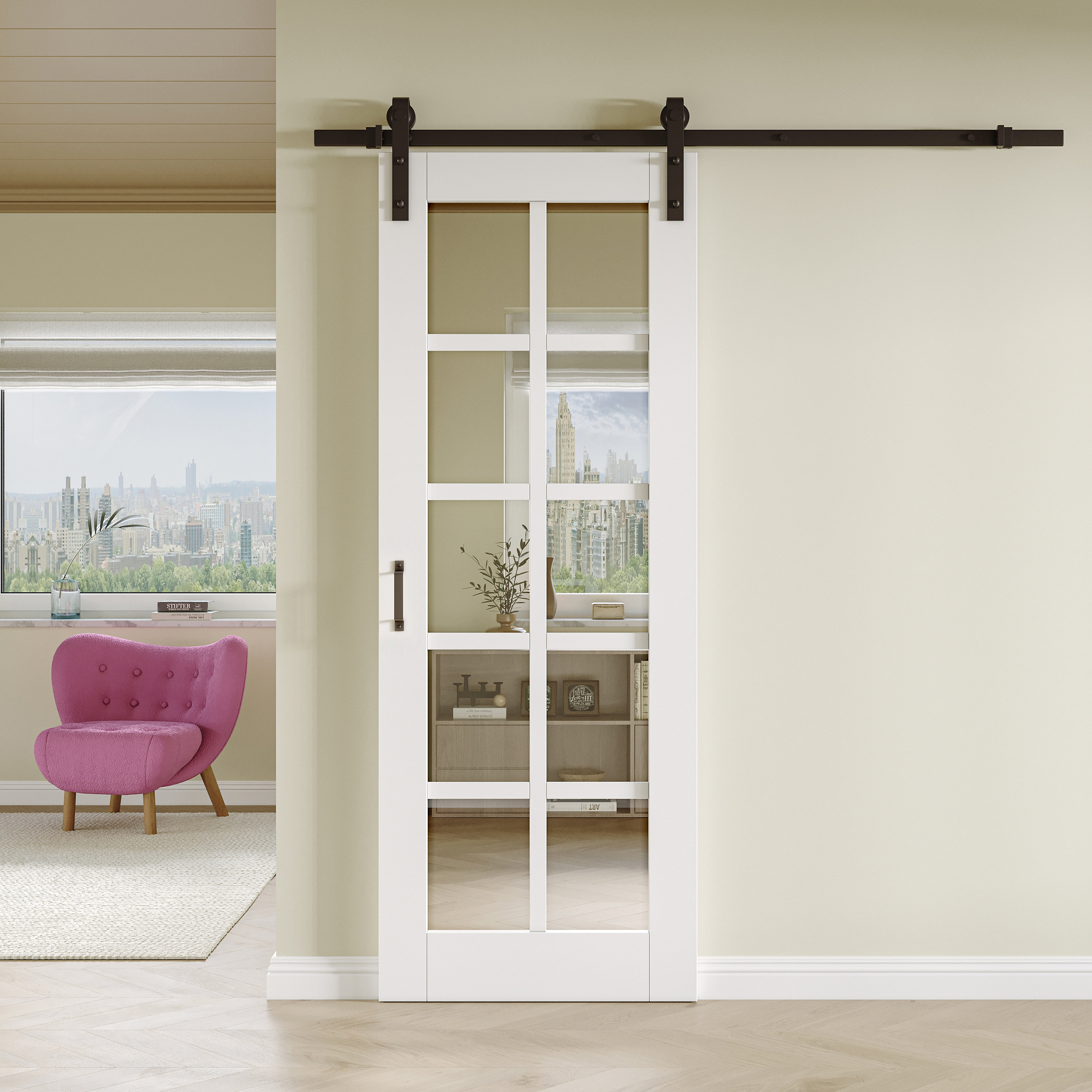 Home Worthy 80'' H Glass and Manufactured Wood White Sliding Barn Door ...