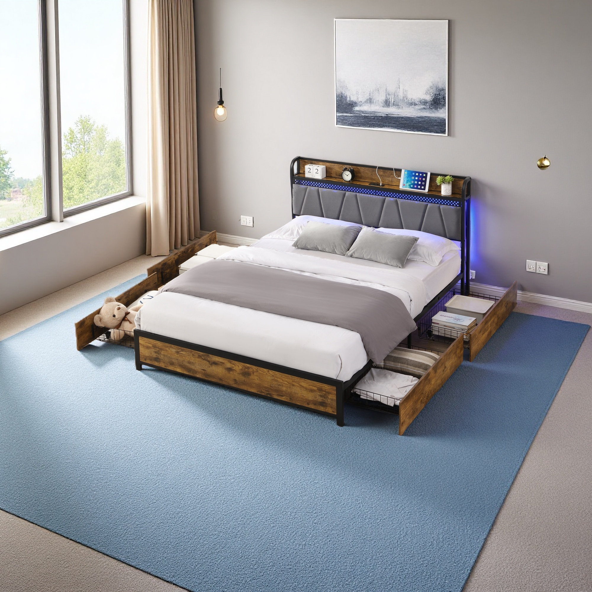 Wrought Studio™ Bed Frame, Storage Headboard With Charging Station And ...