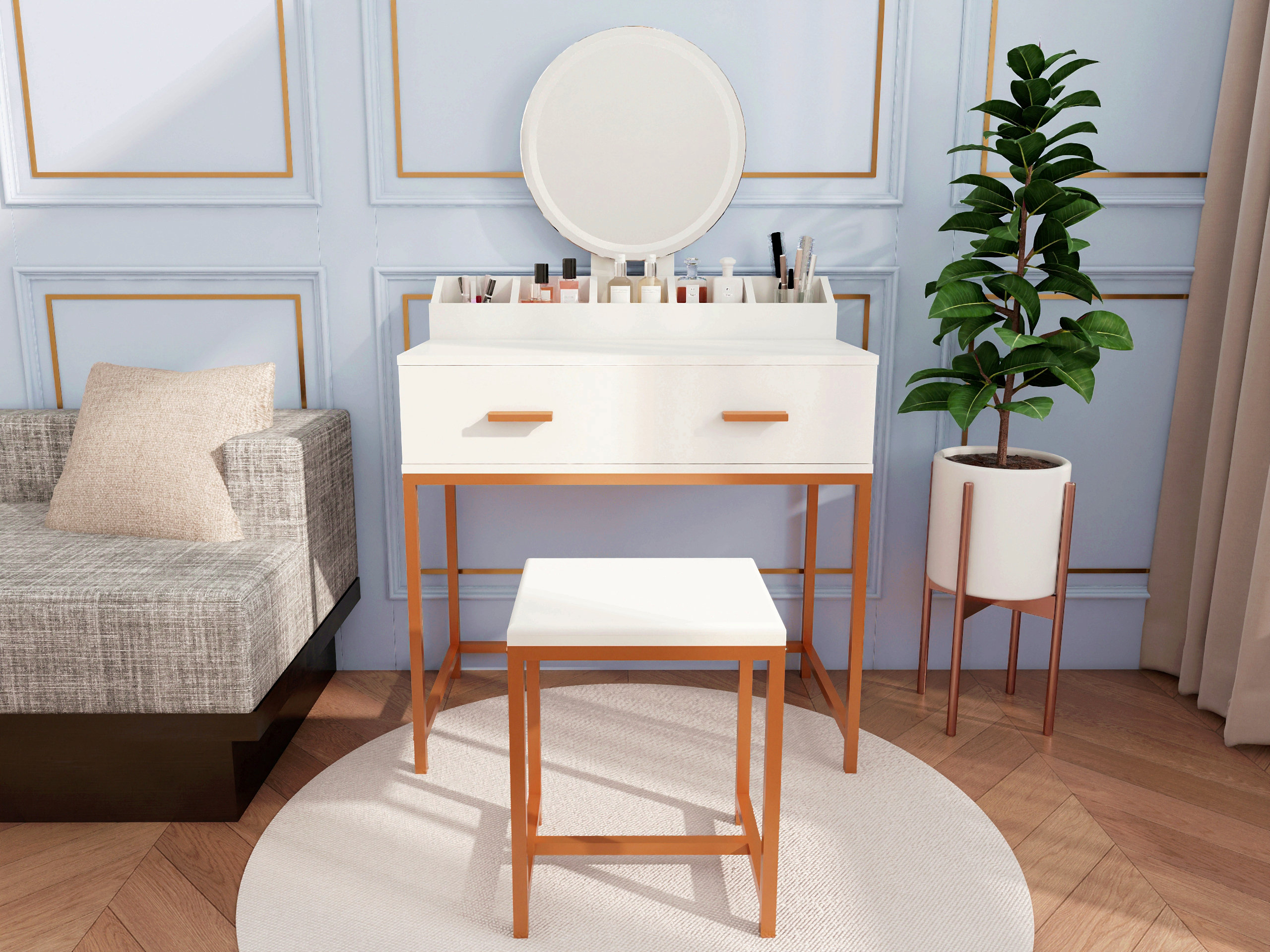 George Oliver Vanity Set With Mirror And Stool - Makeup Vanity Table ...