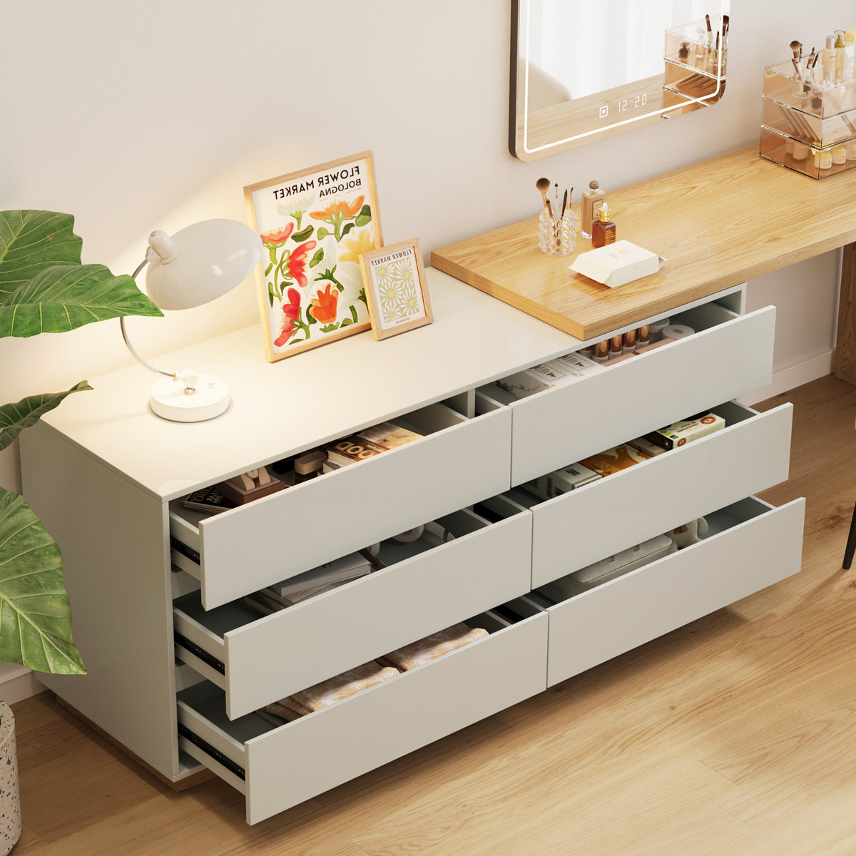 Latitude Run® Berek Vanity Extendable Vanity Table with 6 Drawers ...