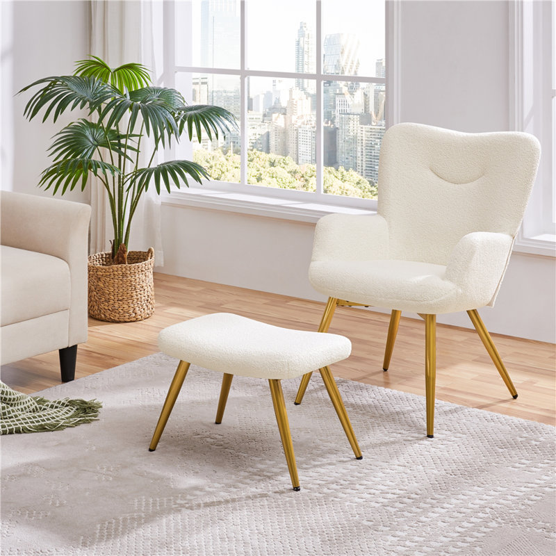George Oliver Boucle Accent Chair and Ottoman Set with Golden Metal ...