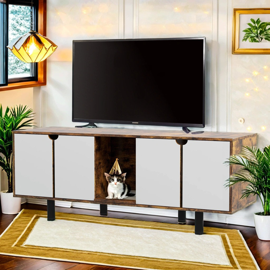 Latitude Run® PawHut 3-in-1 Hidden Litter Box Enclosure & TV Stand for ...