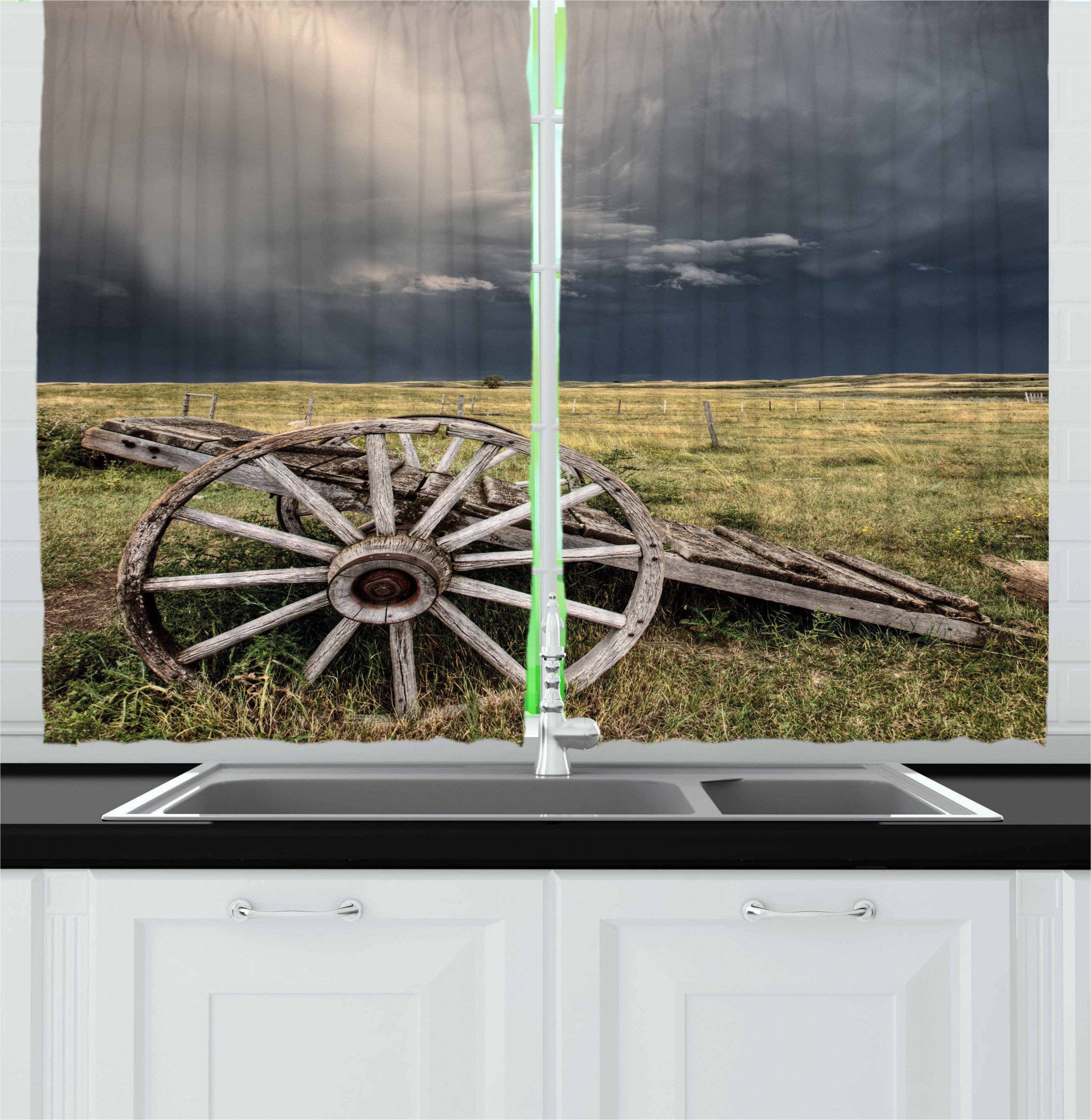 East Urban Home 2 Piece Barn Wood Wagon Wheel Kitchen Curtain | Wayfair