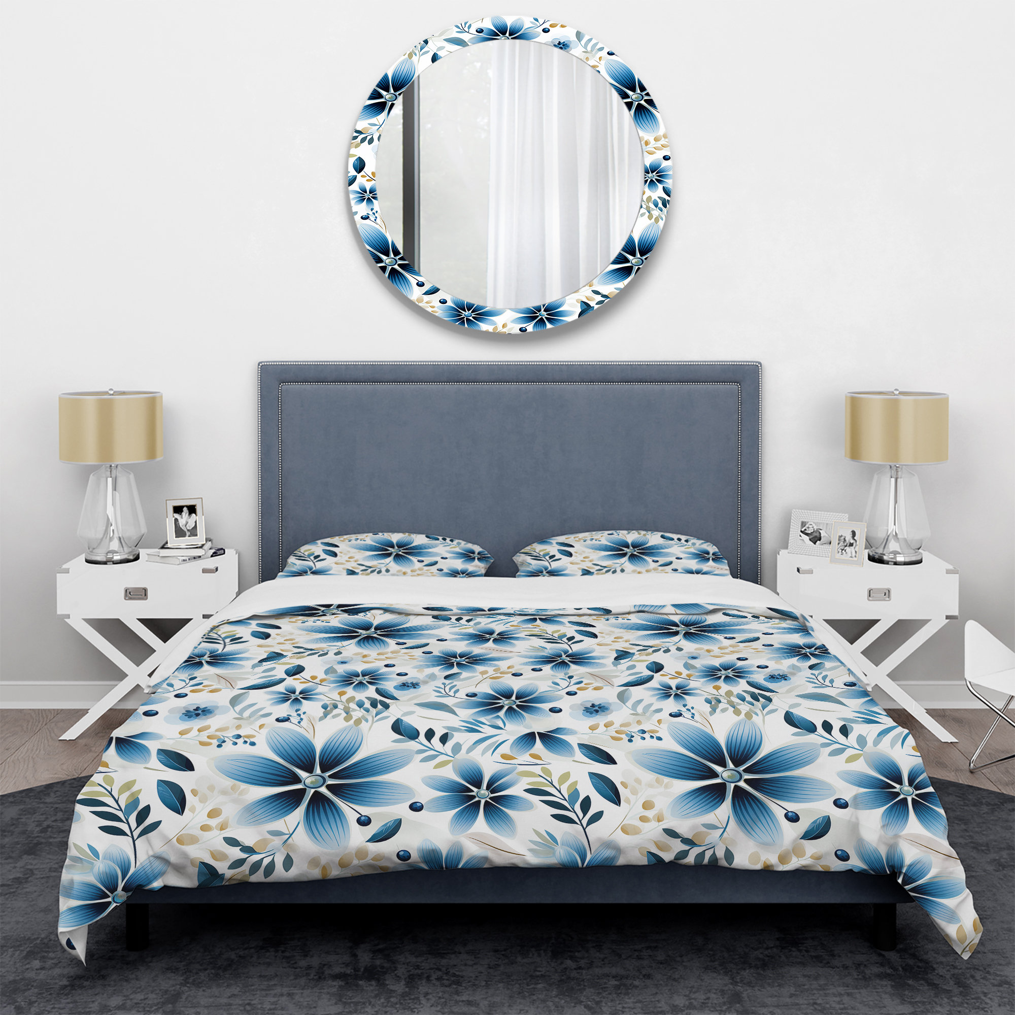 Design Art Blue Coastal Harmony Floral Pattern V - Floral Duvet Cover ...